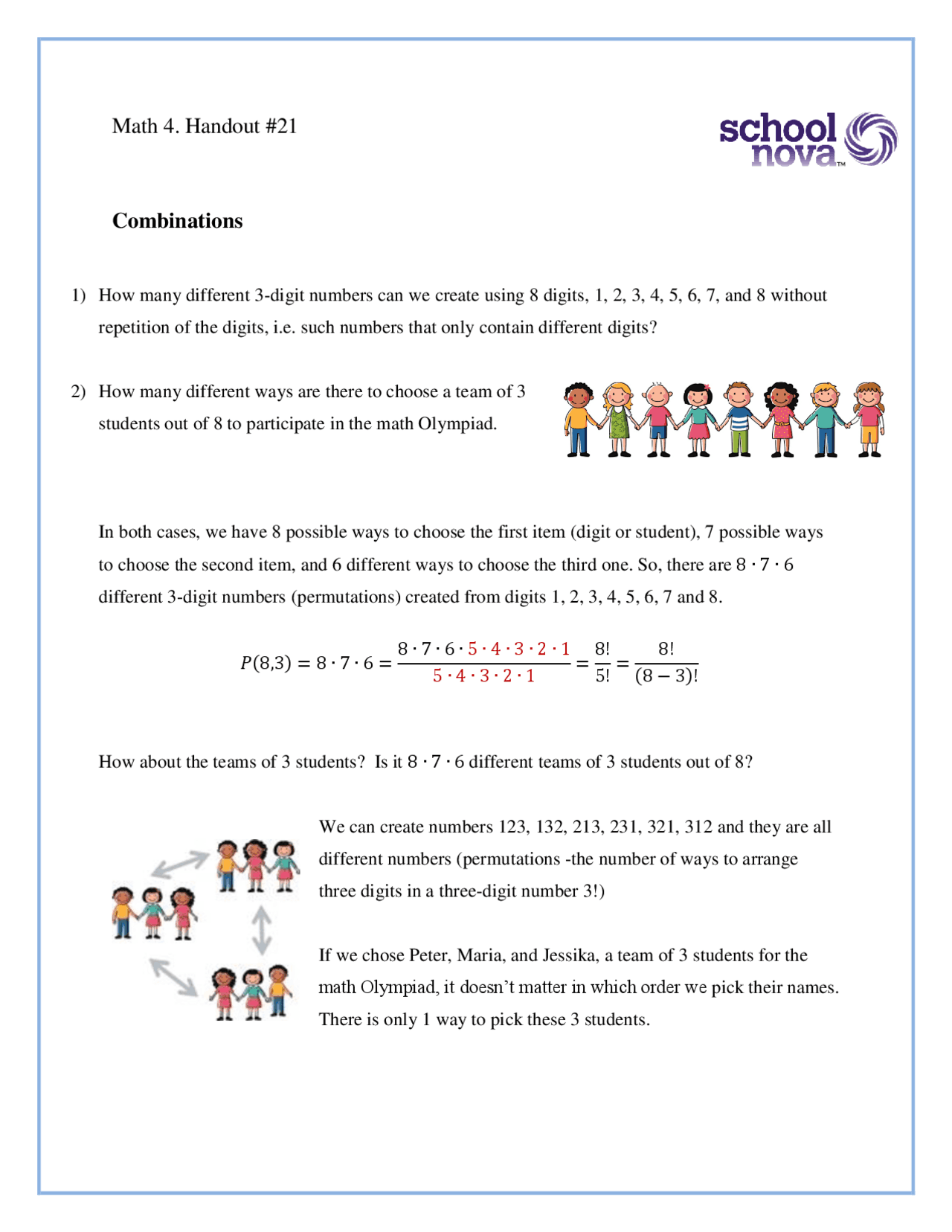 Math 4. Handout #21 Combinations | Exams Probability and Statistics | Docsity