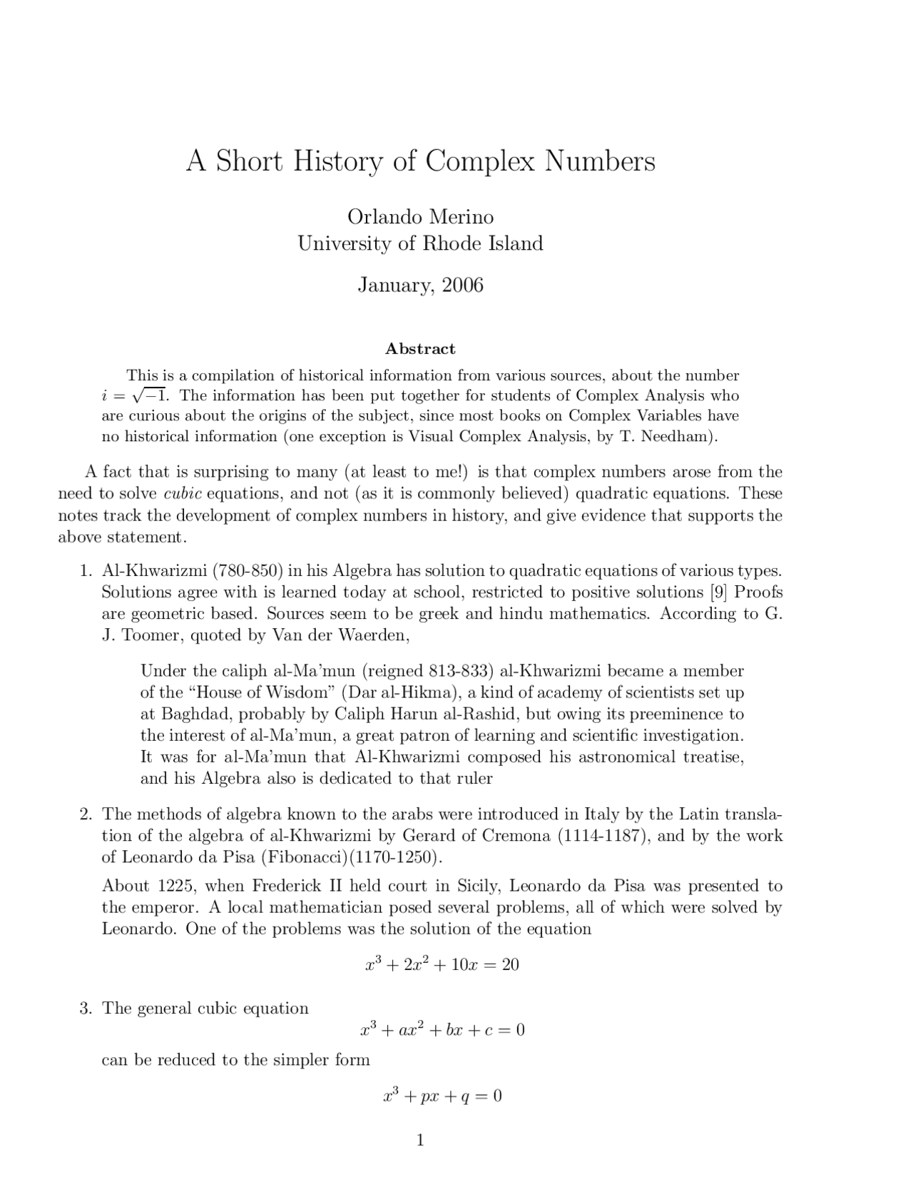 A Short History Of Complex Numbers Exercises History Docsity