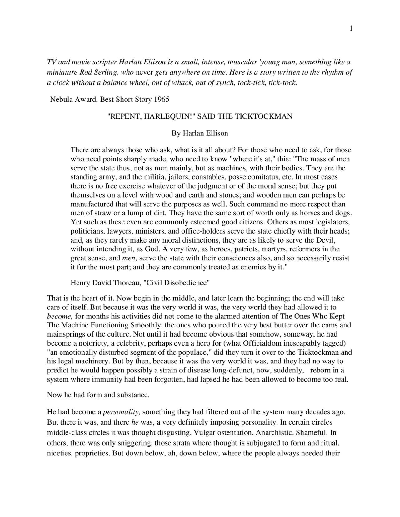 'Repent, Harlequin!' Said the Ticktockman | Schemes and Mind Maps ...