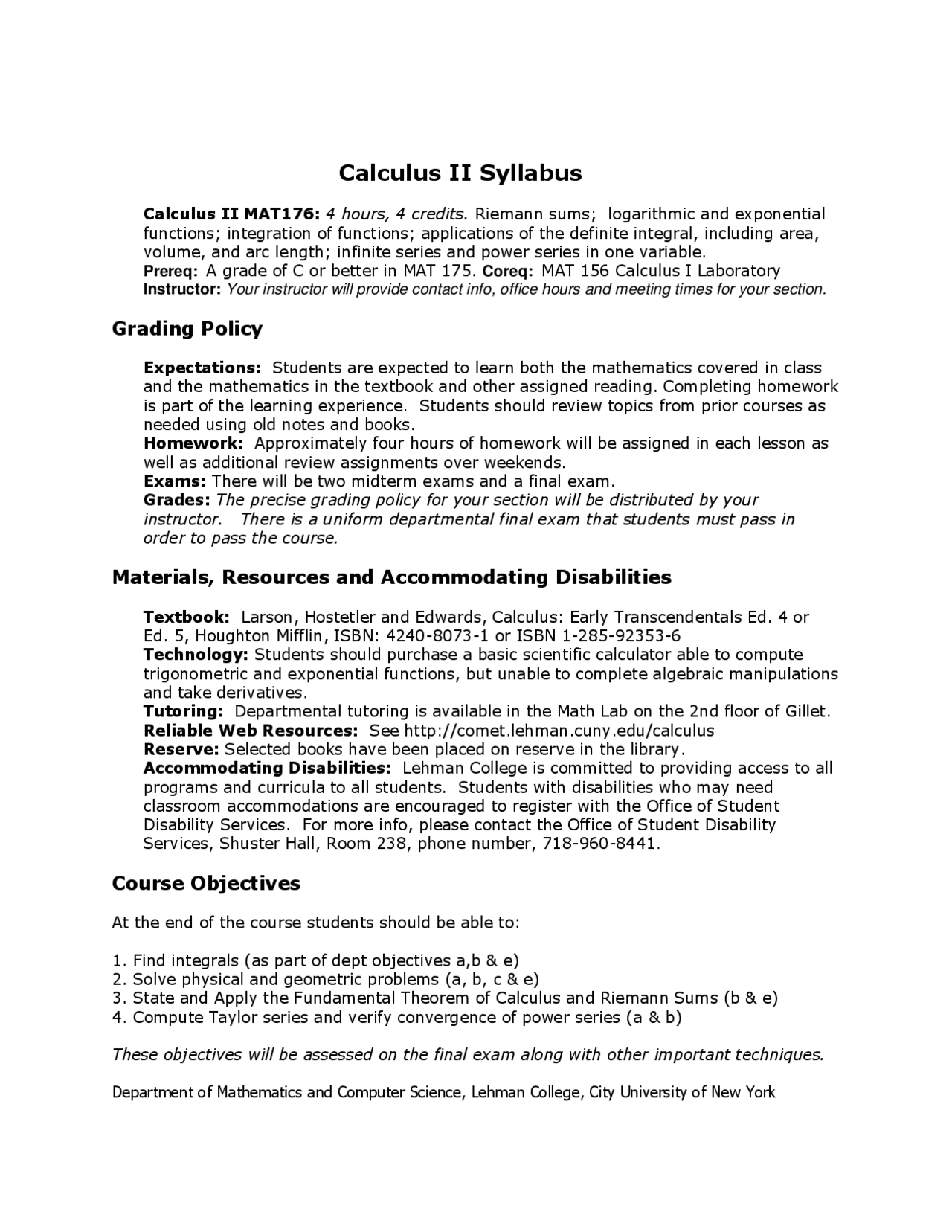 Calculus II Syllabus | Study notes Calculus | Docsity