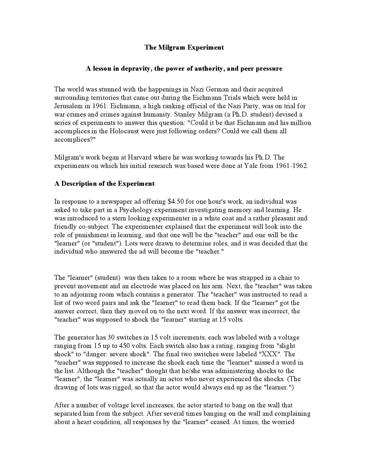 The Milgram Experiment Lecture Notes Psychology Docsity