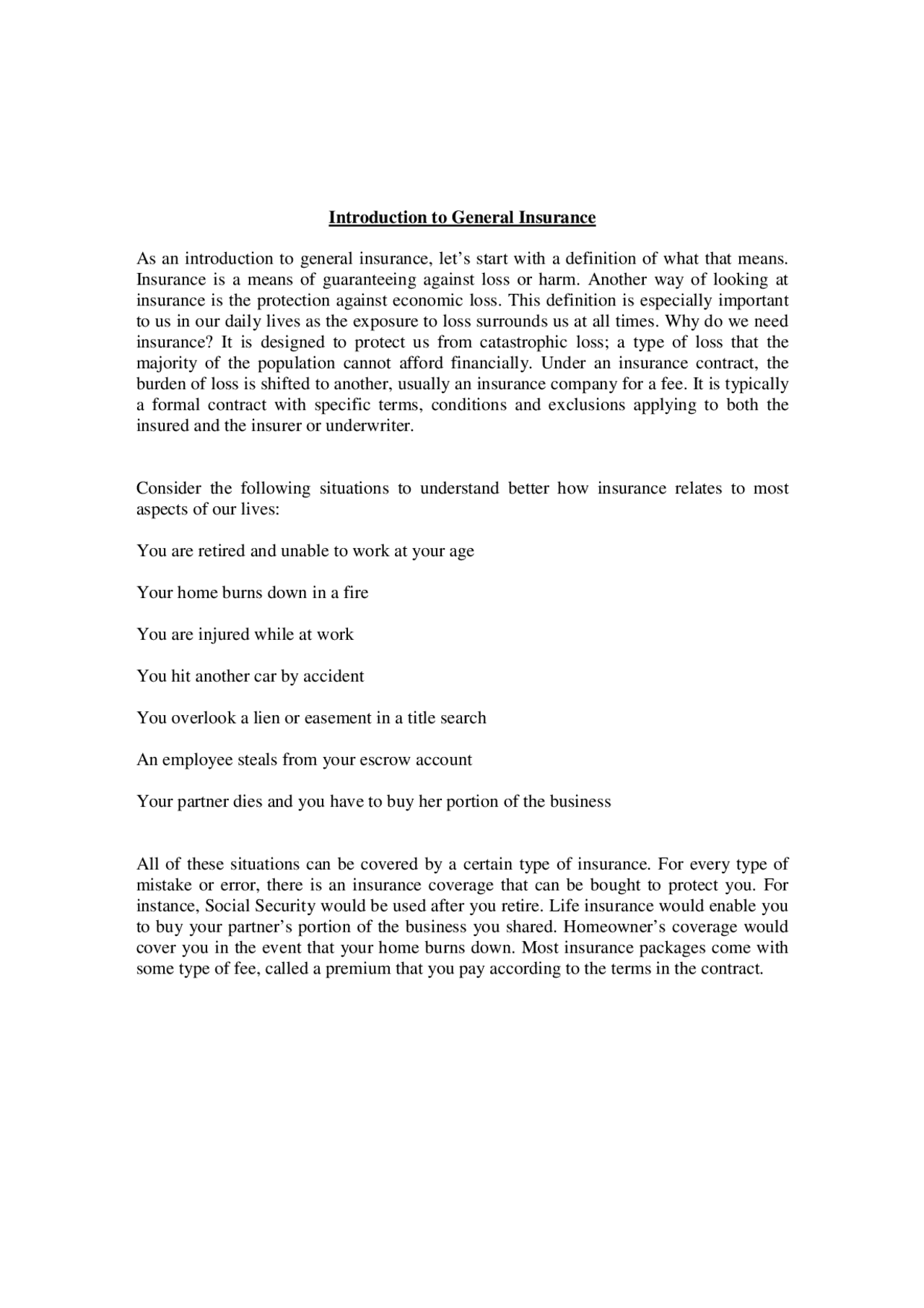Introduction To General Insurance As An Introduction To General