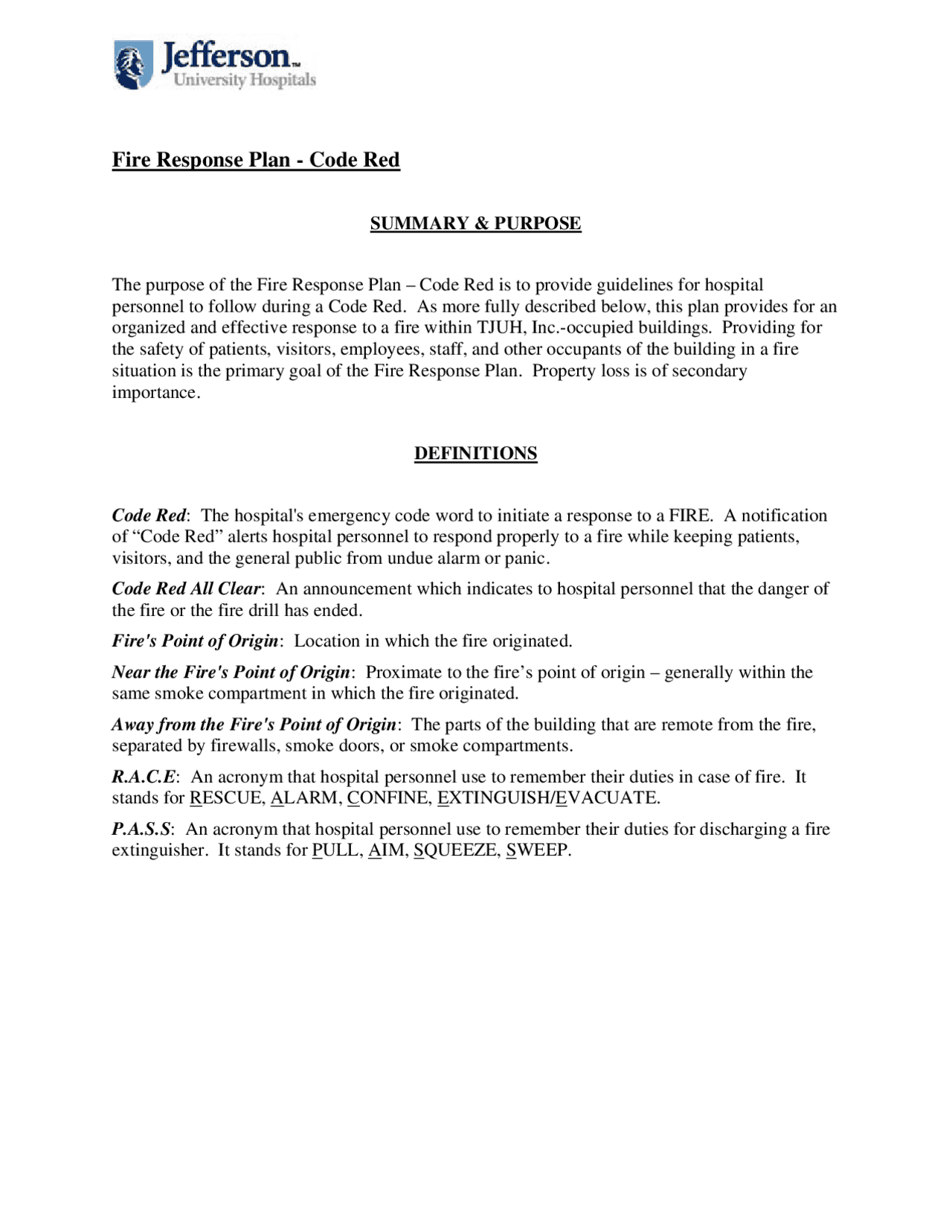 Fire Response Plan | Exercises Safety and Fire Engineering | Docsity