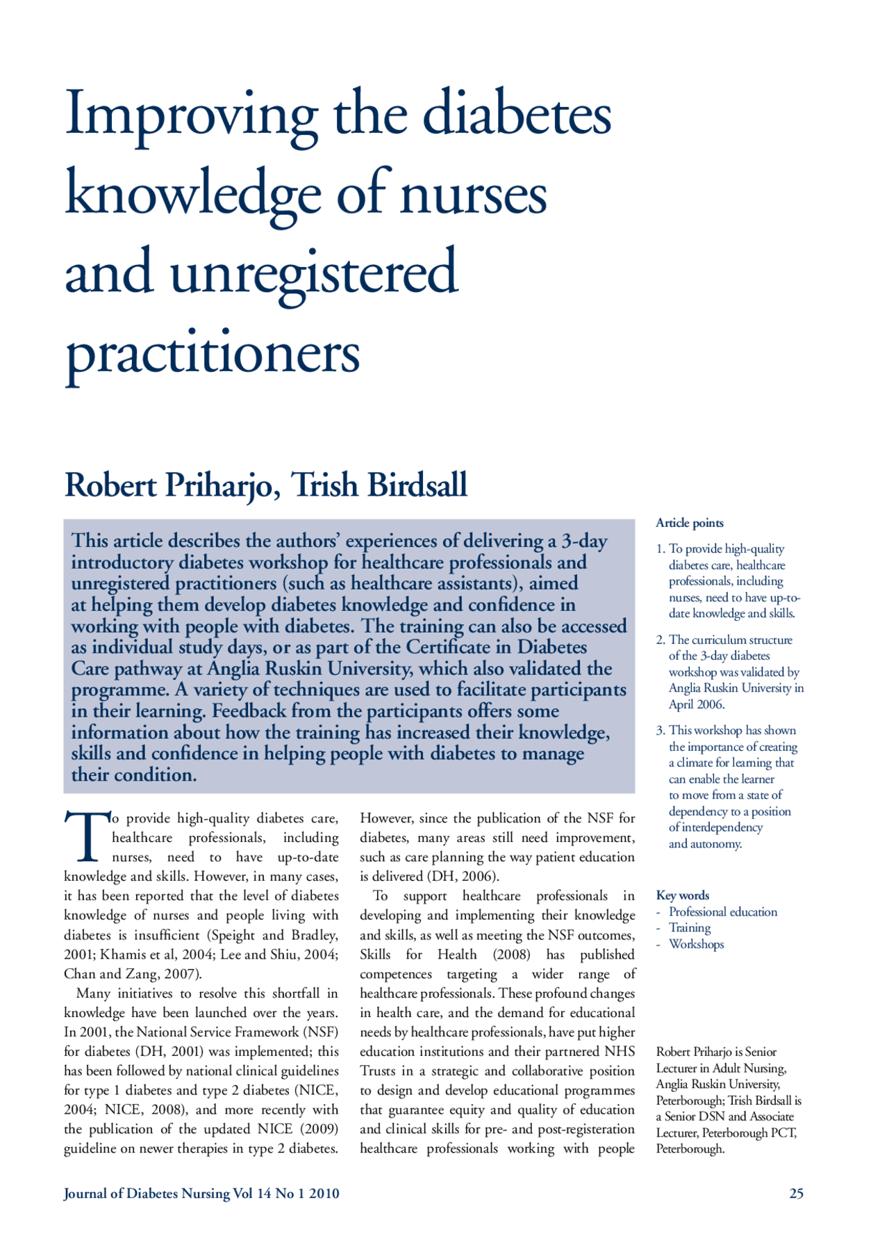 Improving the diabetes knowledge of nurses and unregistered ... | Study ...