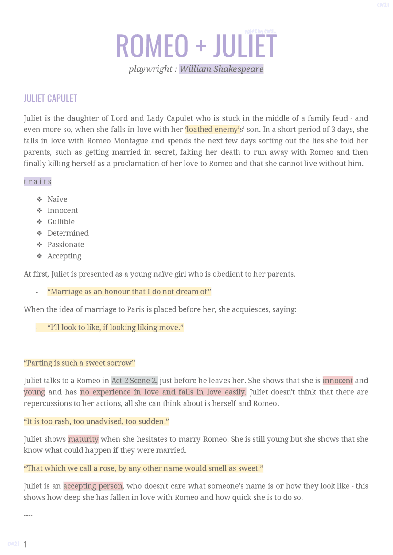 ROMEO + JULIET | Lecture notes Art | Docsity