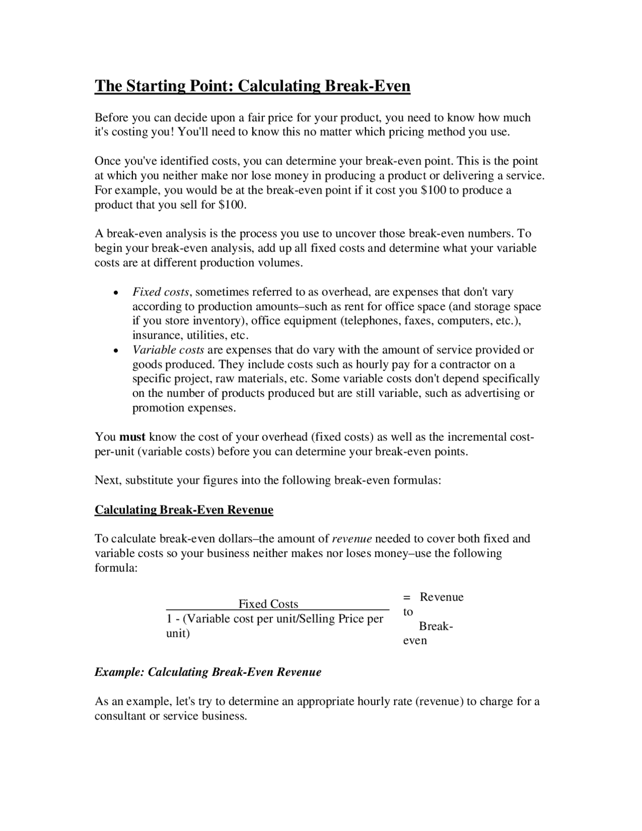 The Starting Point Calculating Break Even Exercises Business Docsity