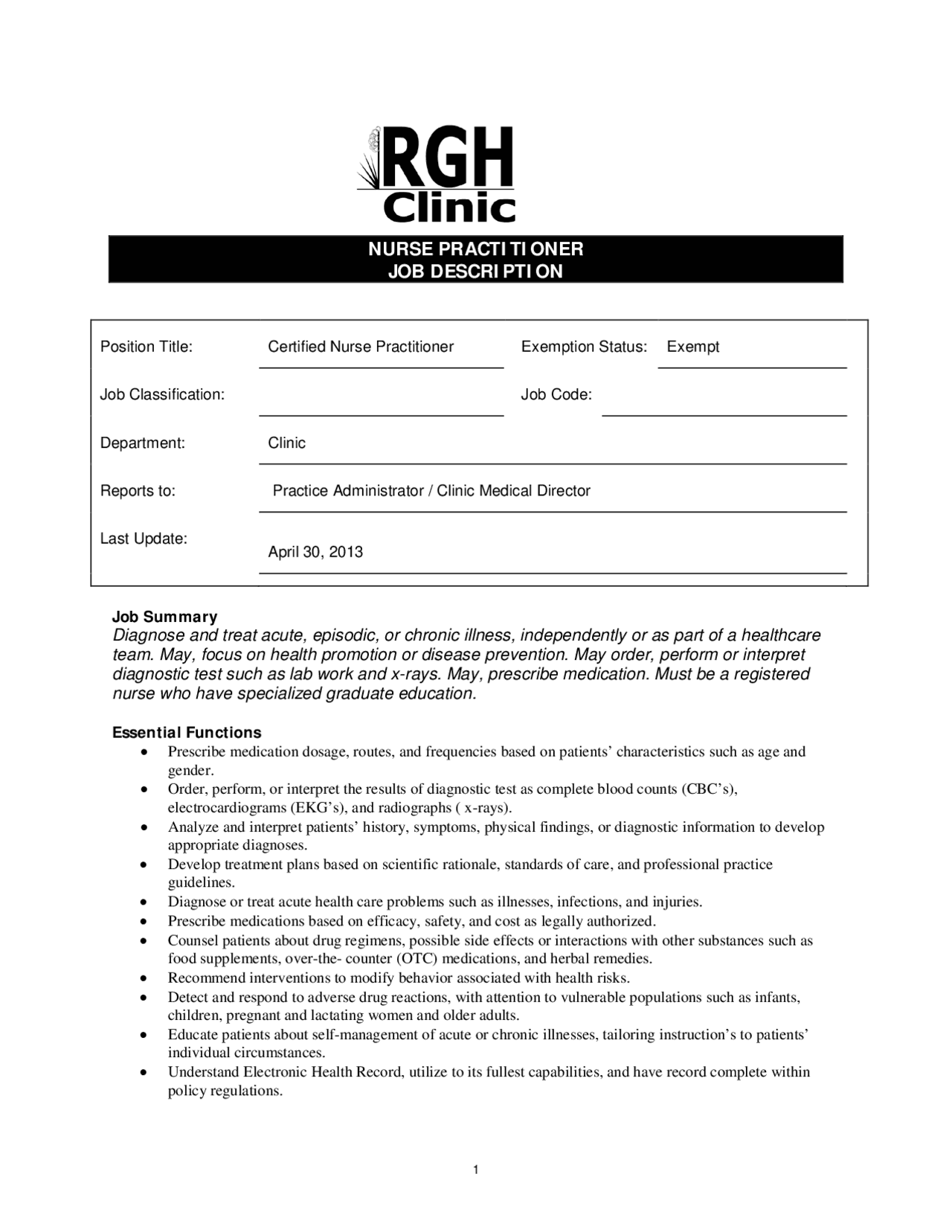 NURSE PRACTITIONER JOB DESCRIPTION | Exercises Nursing | Docsity