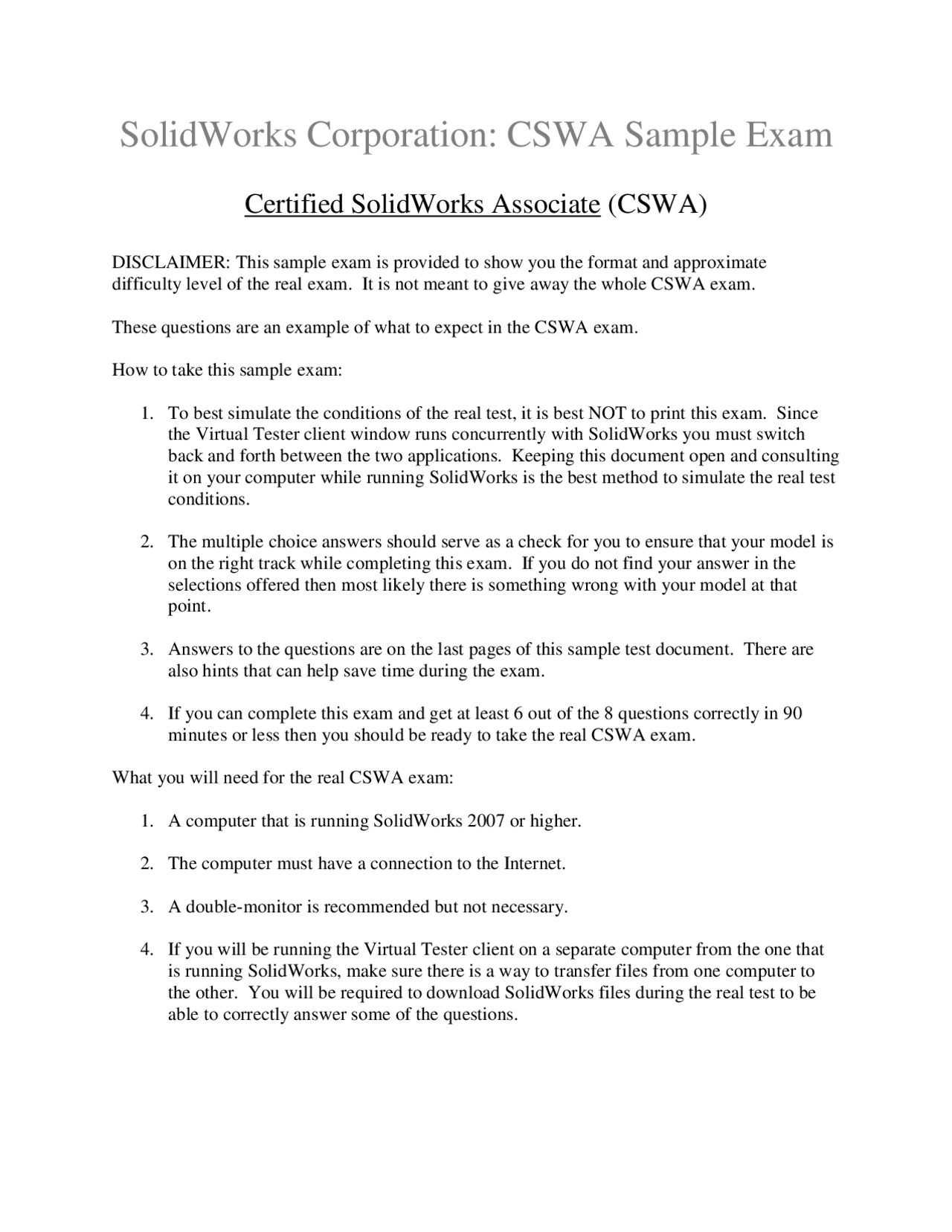 SolidWorks Corporation: CSWA Sample Exam | Exercises Geometry | Docsity