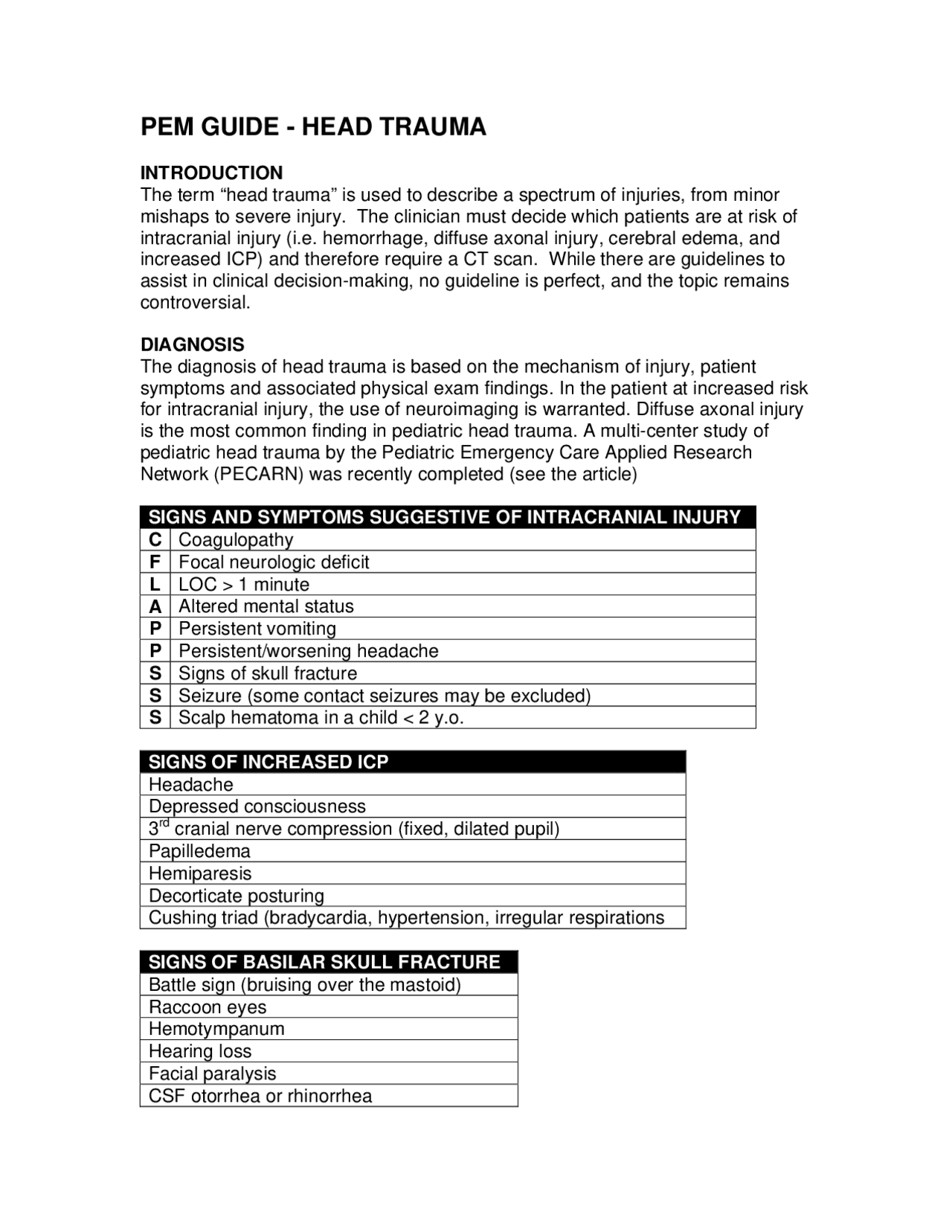 PEM GUIDE - HEAD TRAUMA | Exams Decision Making | Docsity