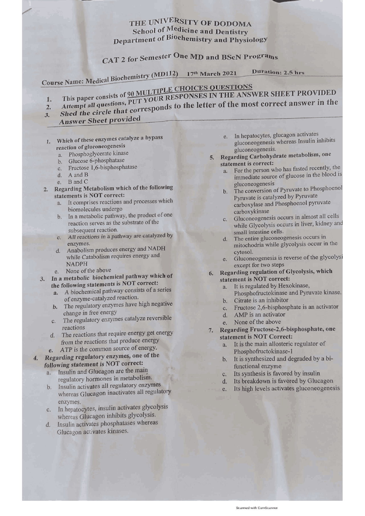 Medical biochemistry CAT 2 | Exams Medical Biochemistry | Docsity