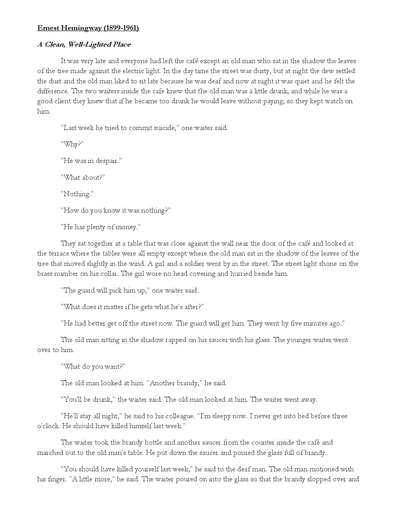 Ernest Hemingway (1899-1961) A Clean, Well-Lighted Place | Exercises ...