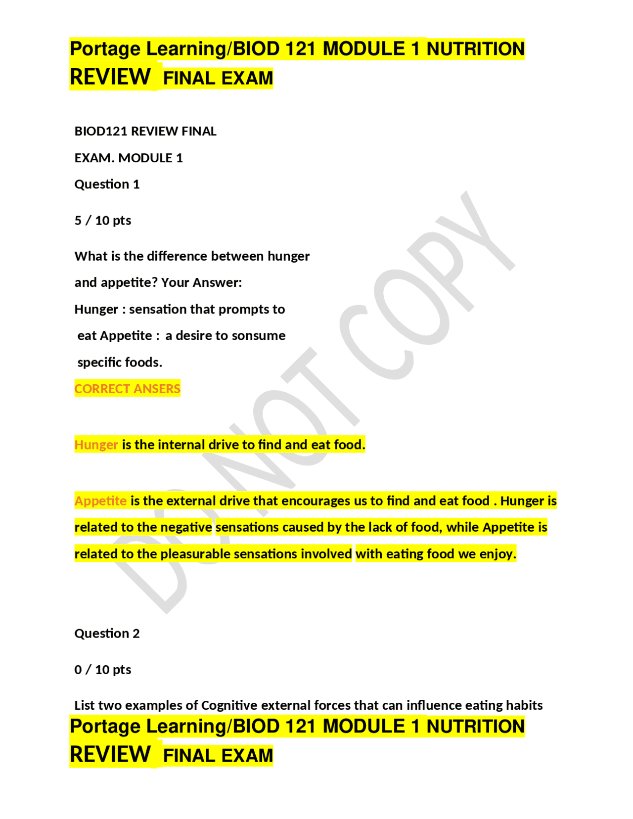 Portage Learning/BIOD 121 MODULE 1 NUTRITION REVIEW FINAL EXAM | Exams ...