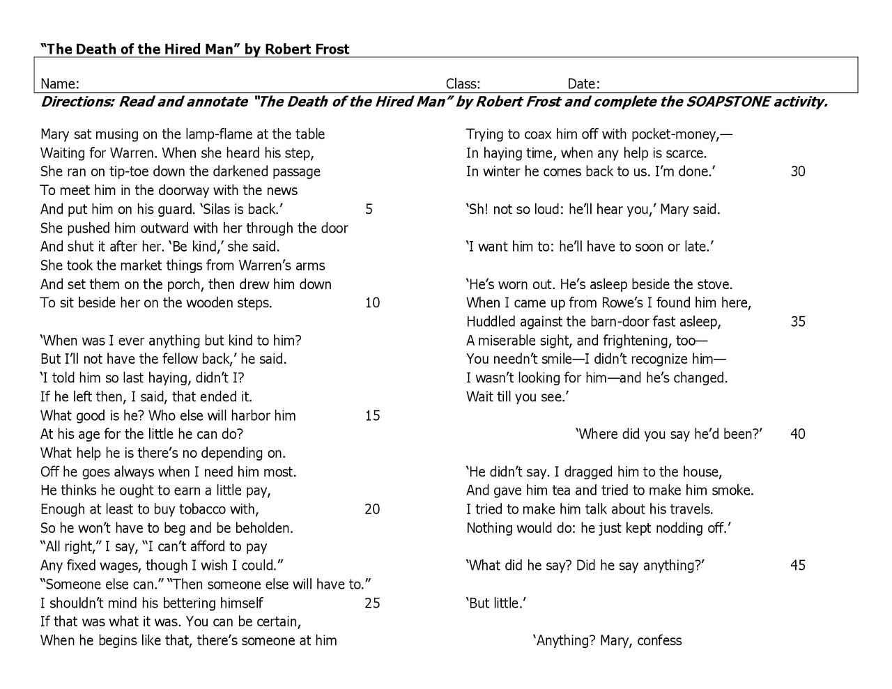 “The Death of the Hired Man” by Robert Frost Name: Class: Date ...
