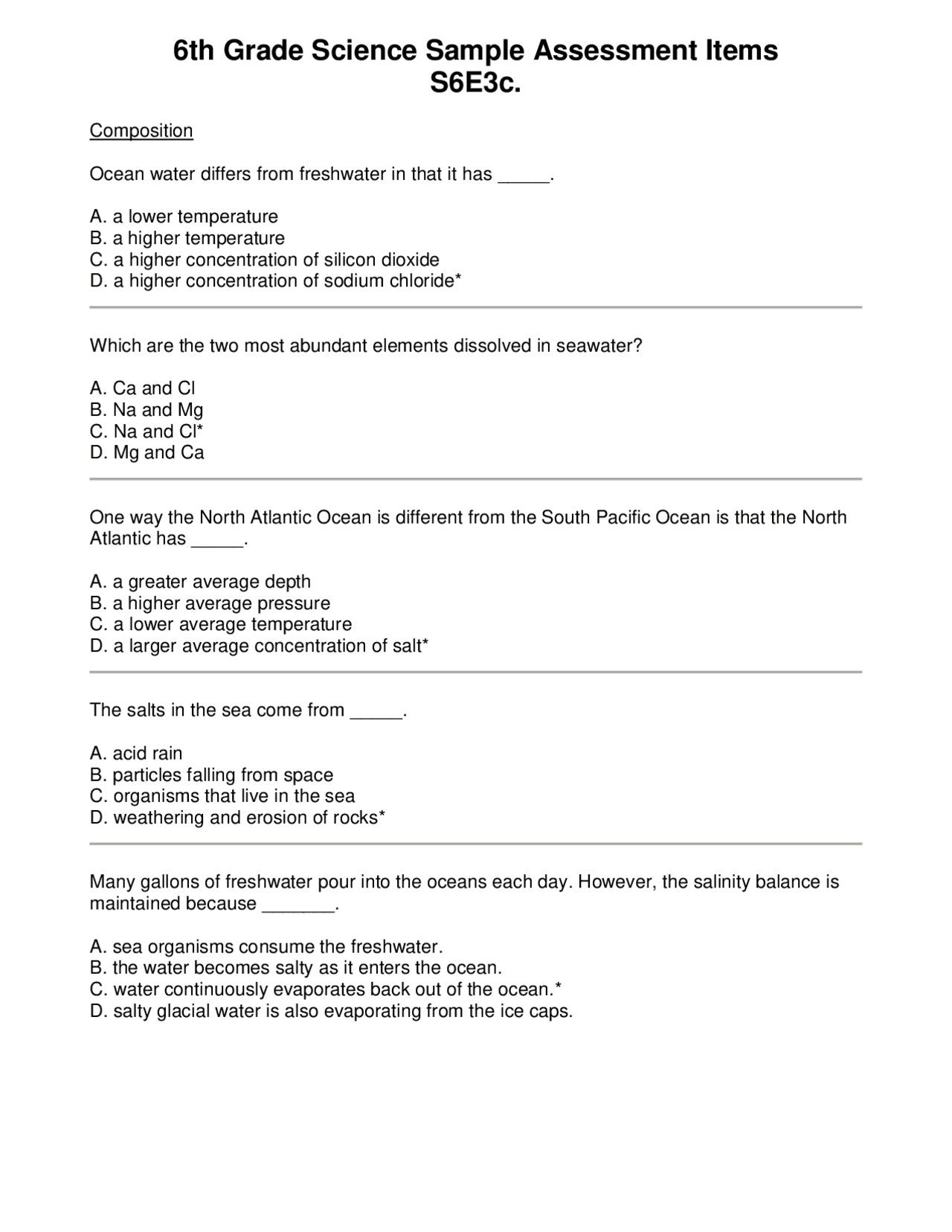 6th Grade Science Sample Assessment Items S6E3c. | Exercises Science ...