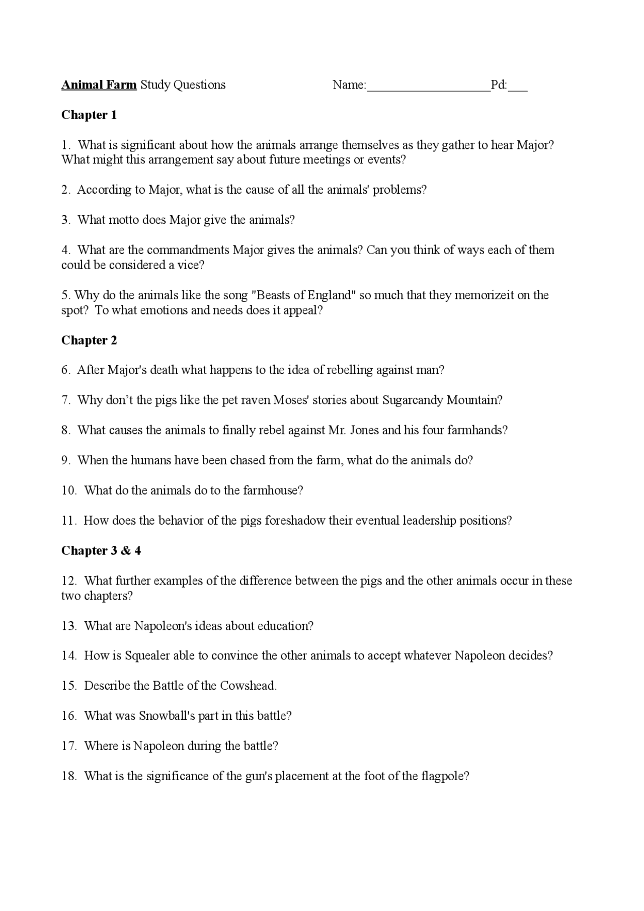 Animal Farm Study Questions Nam | Summaries Animal Biology | Docsity