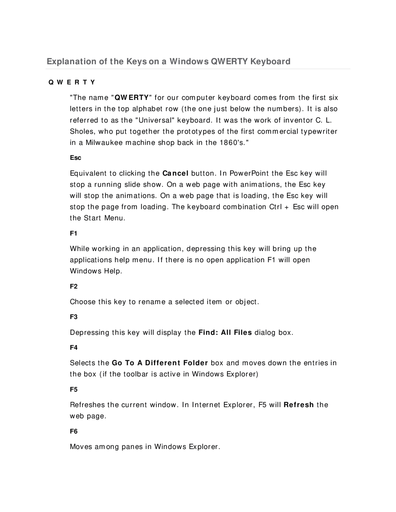 Key Definitions For Windows QWERTY Keyboard | Exercises Operating ...
