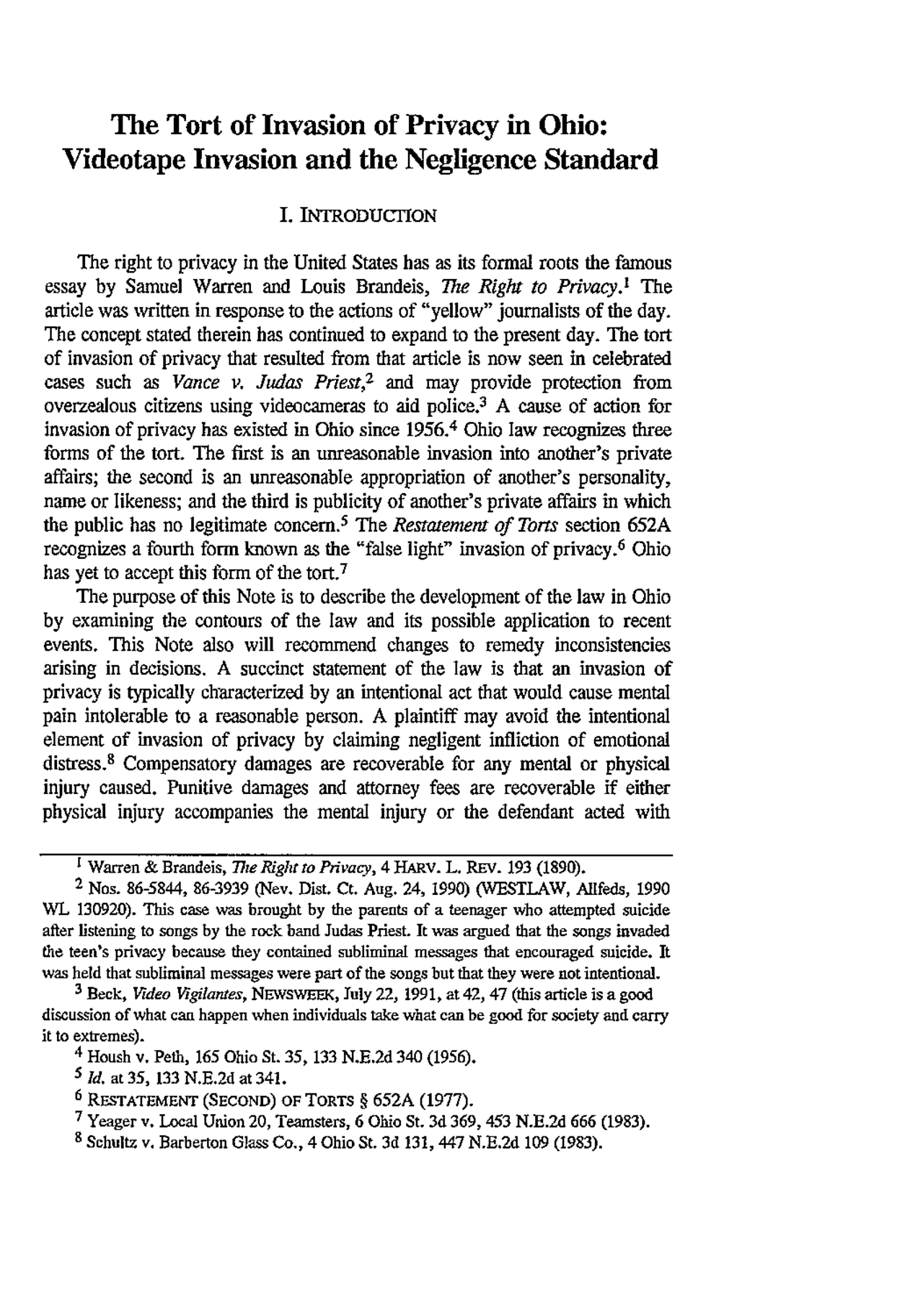 Tort of Invasion of Privacy in Ohio | Lecture notes Law | Docsity