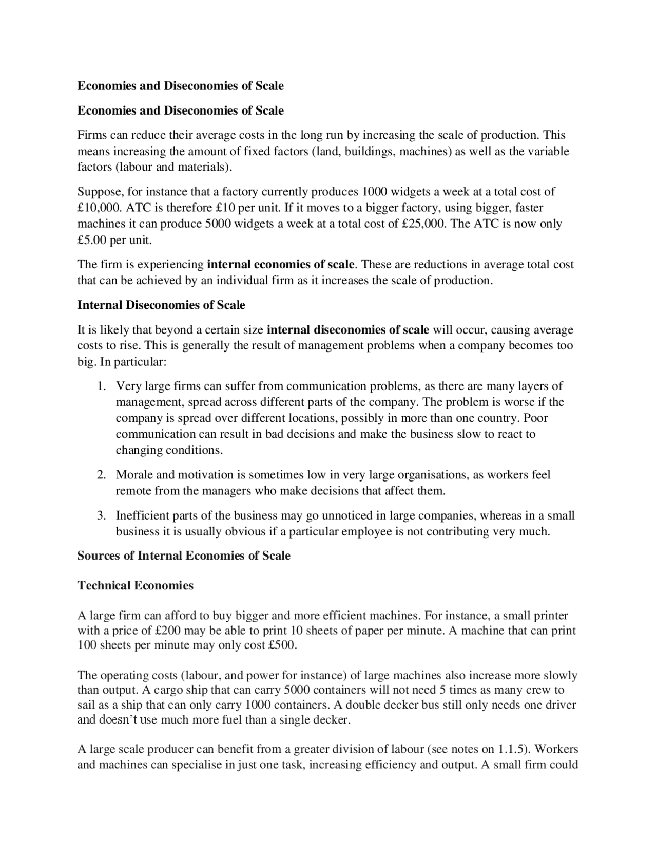 Economies and Diseconomies of Scale | Exams Marketing | Docsity