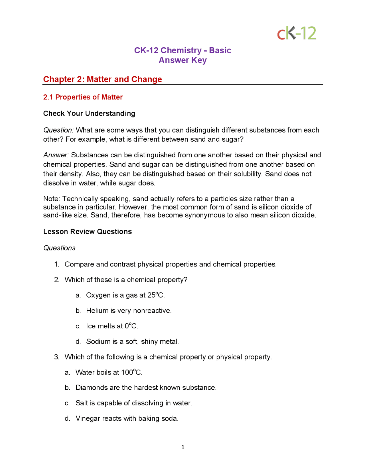 Basic Answer Key Chapter 2: Matter and Change | Exams Chemistry | Docsity