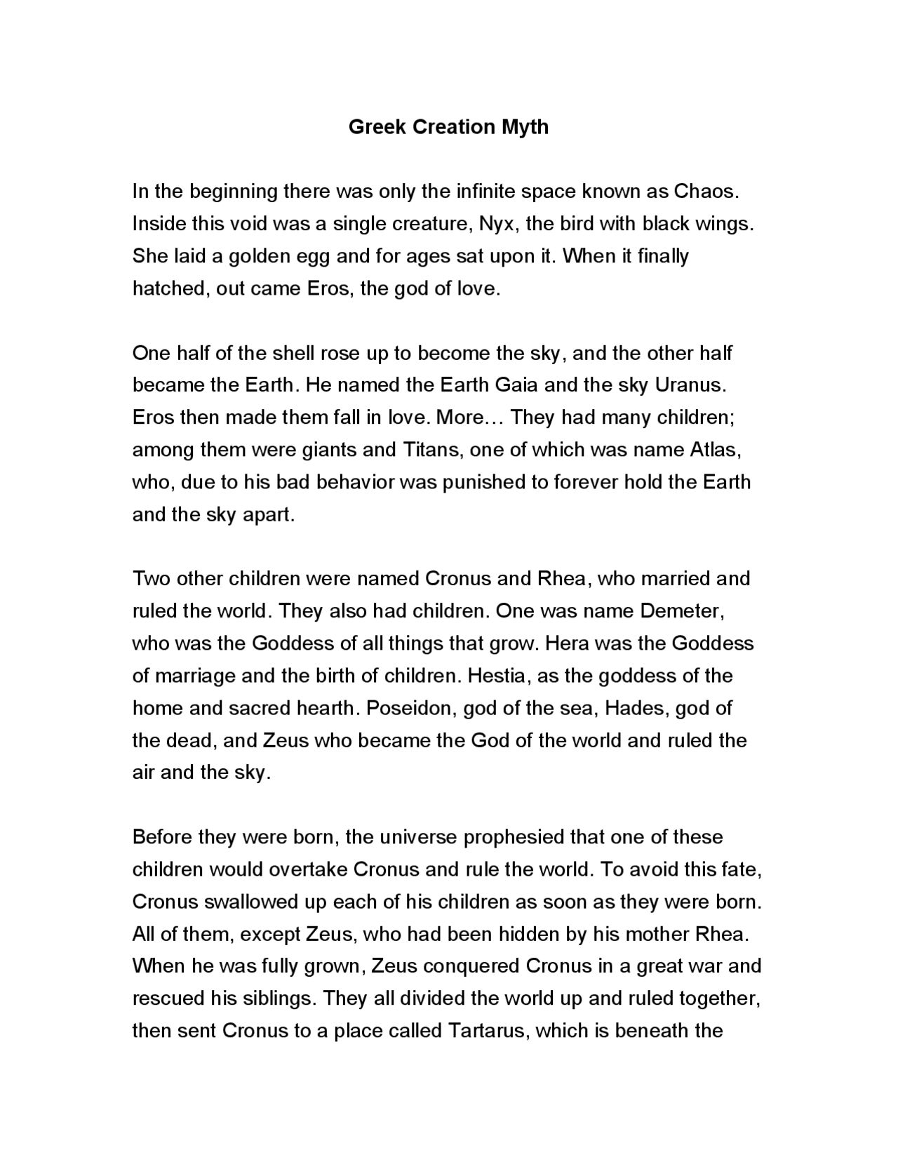 Greek Creation Myth In The Beginning There Was Only The Summaries