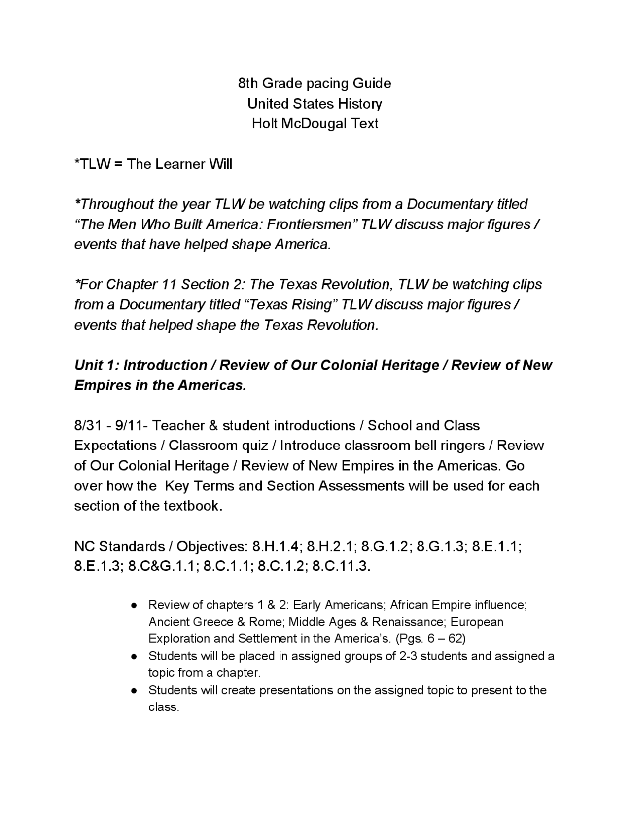 8th Grade Pacing Guide | Summaries English | Docsity