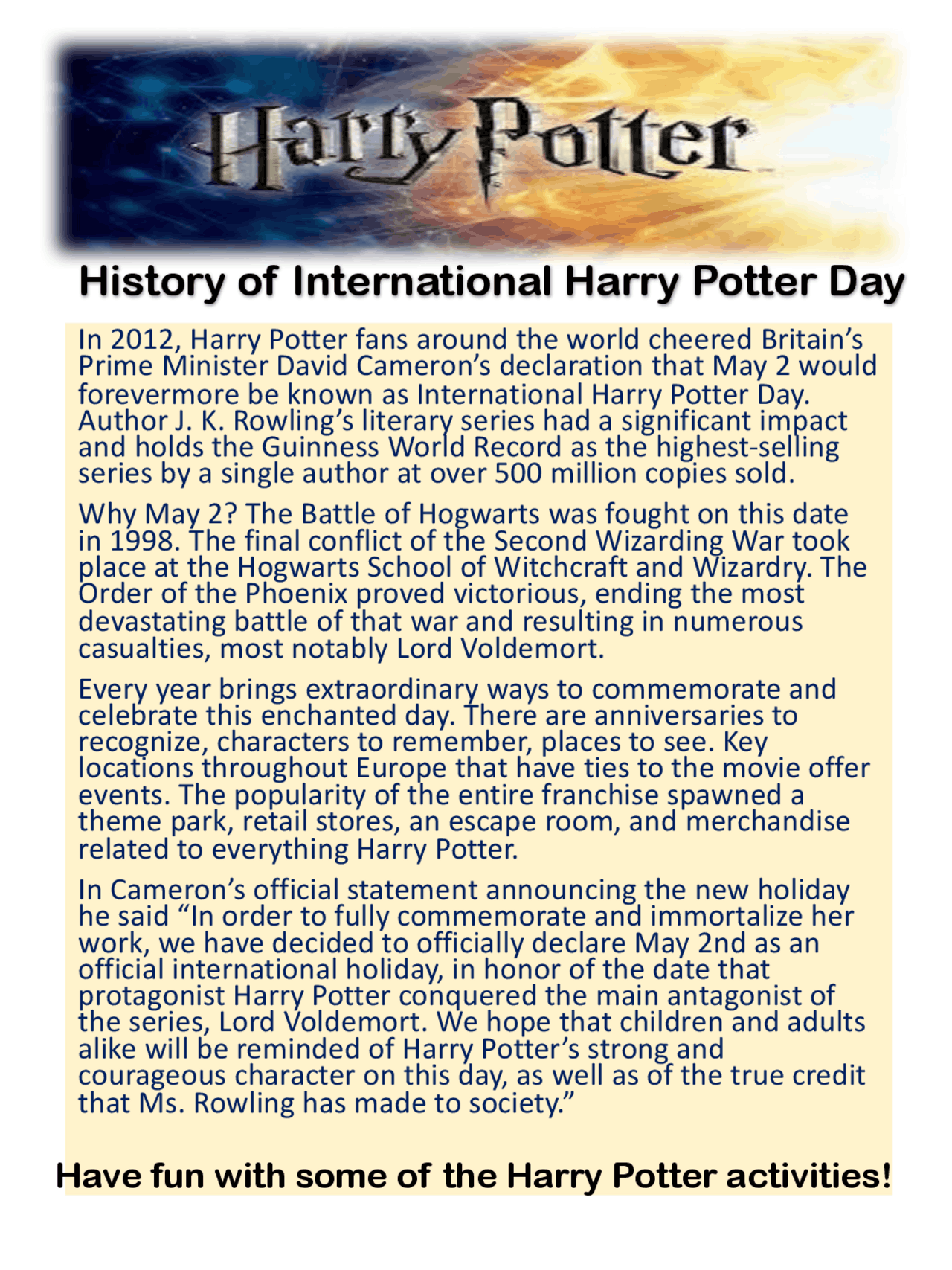 Harry Potter (Read-Only) | Summaries History | Docsity
