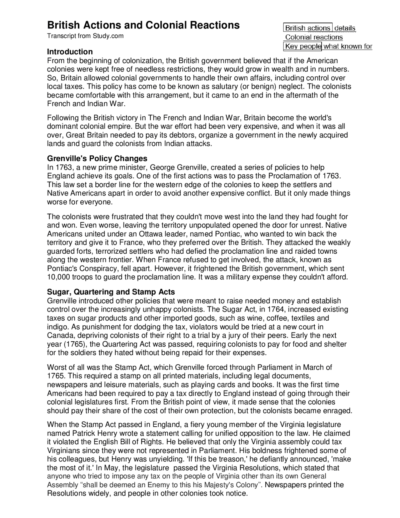 British Actions and Colonial Reactions | Exercises Law | Docsity