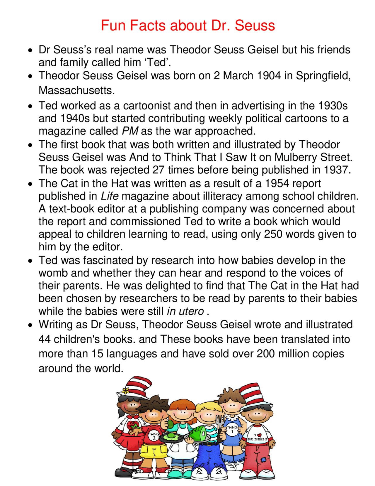 Fun Facts about Dr. Seuss | Summaries History of film | Docsity