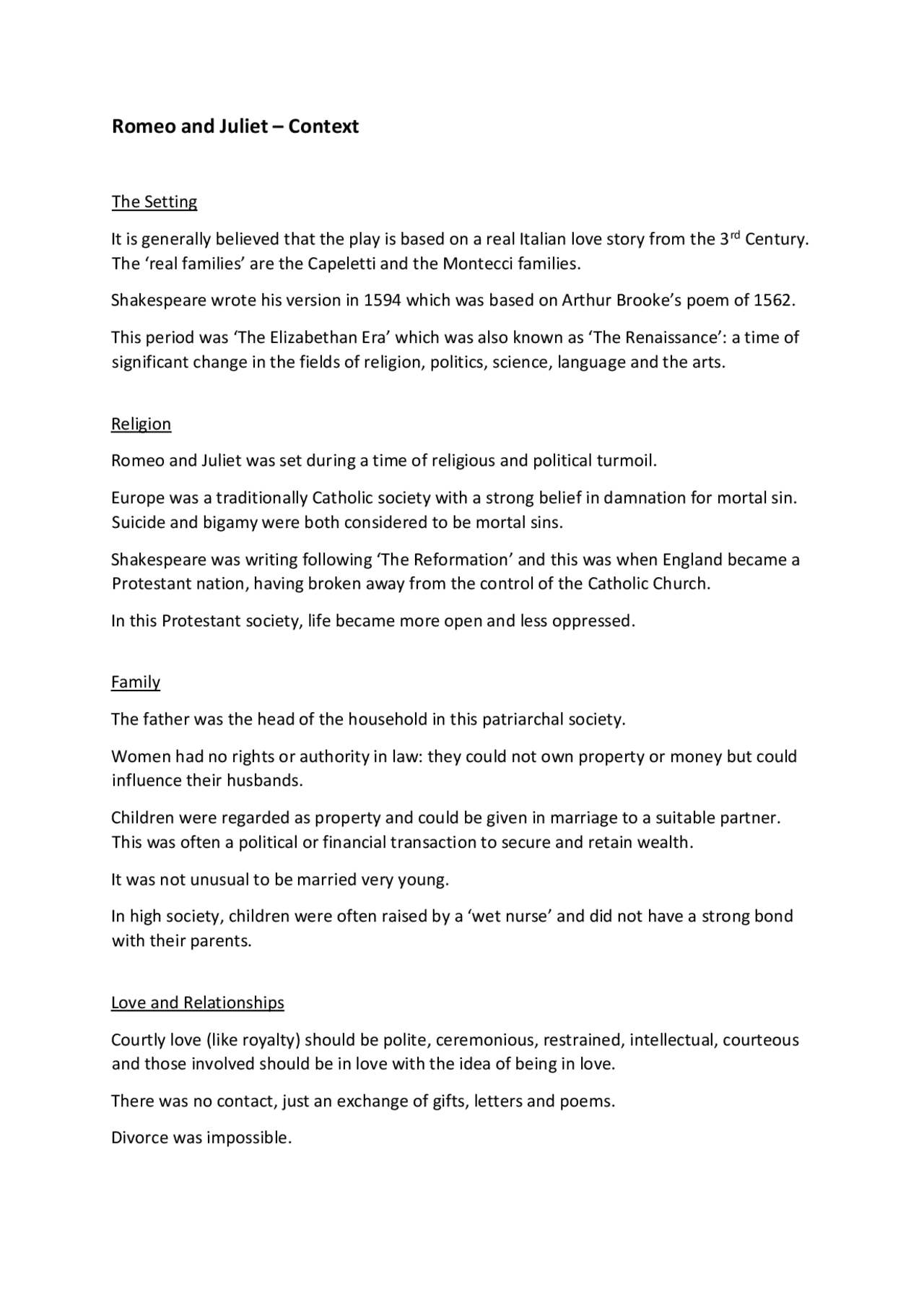 Romeo and Juliet – Context | Exams Religion | Docsity