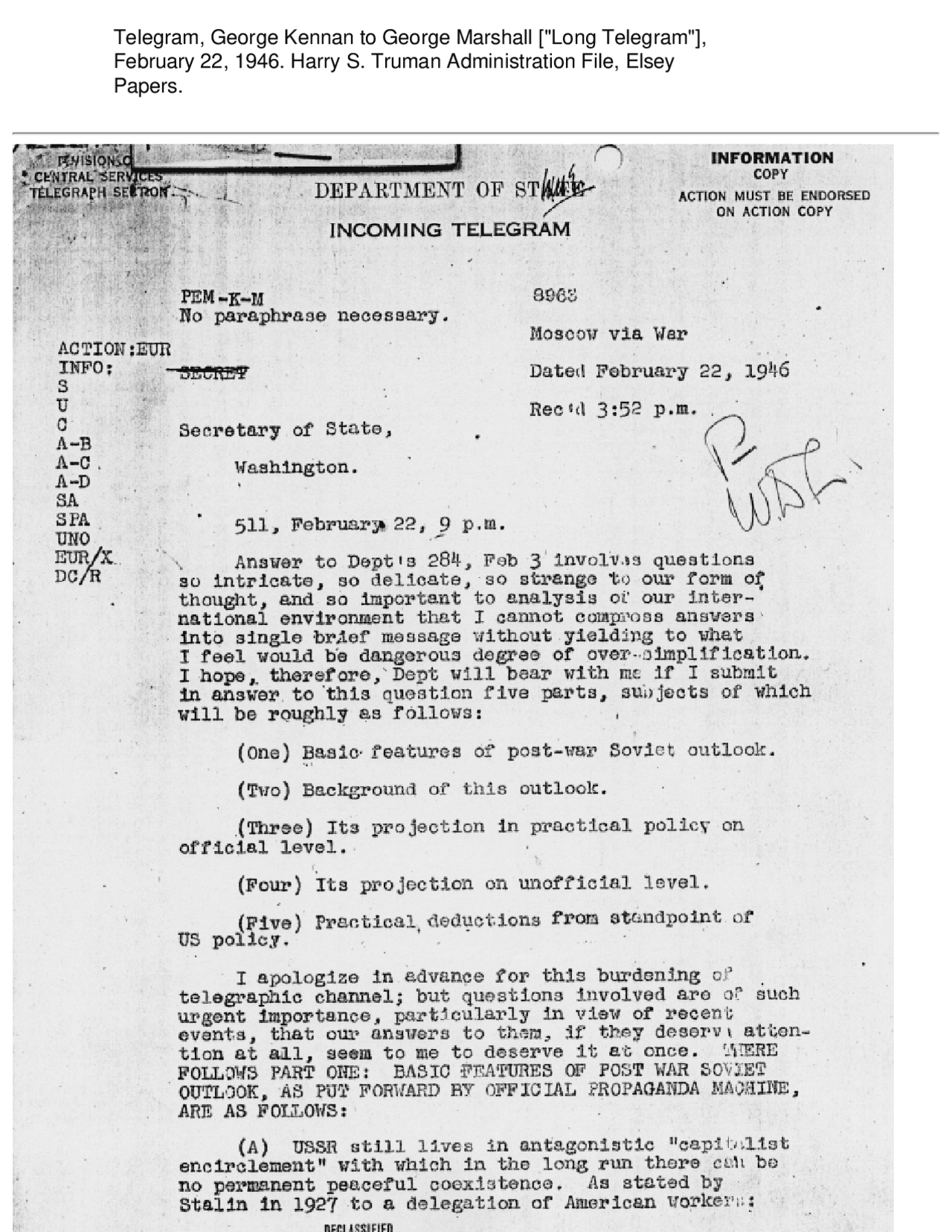 The Long Telegram | Exams Telecommunications Engineering | Docsity