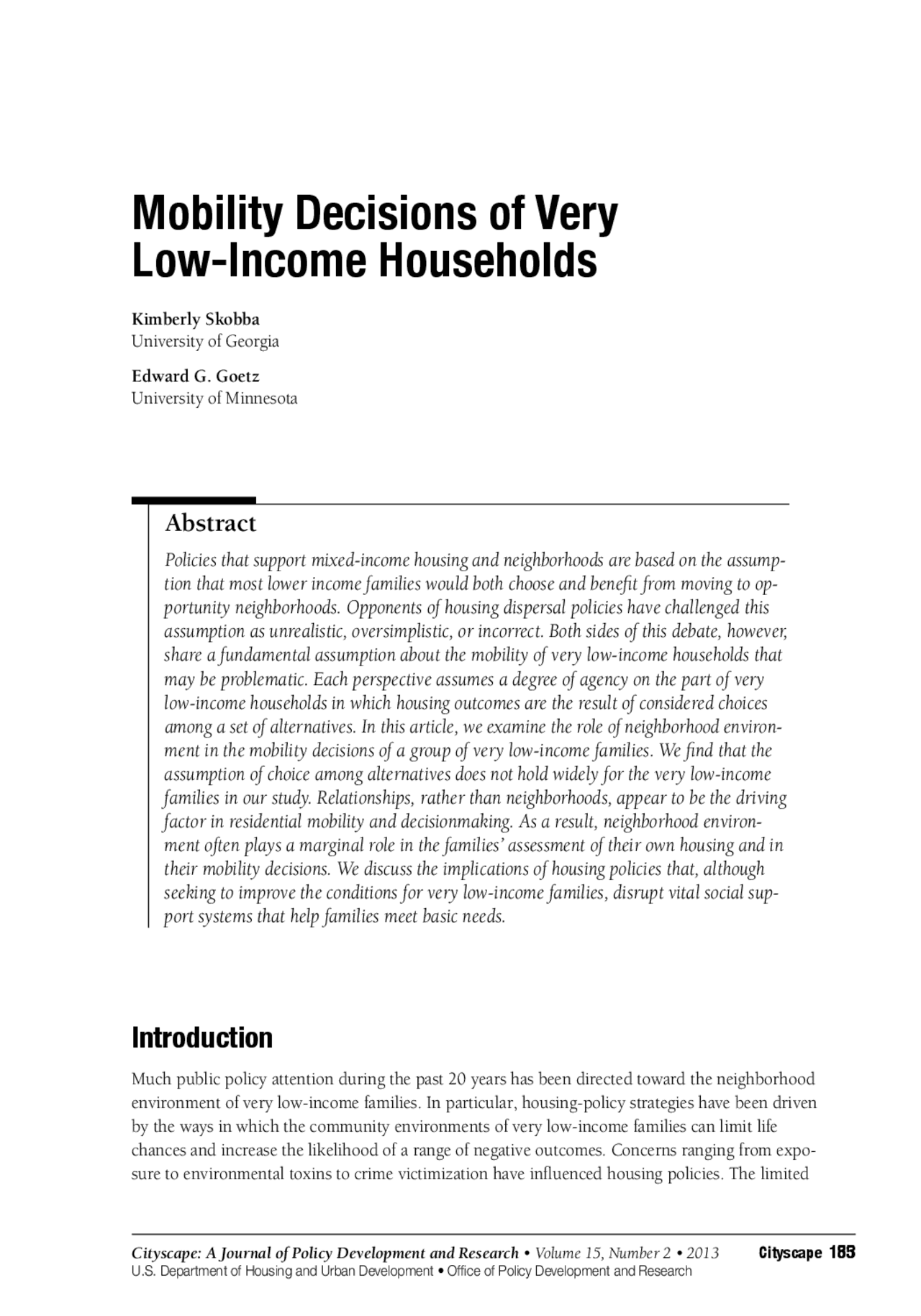 Mobility Decisions of Very Low-Income Households | Slides History | Docsity