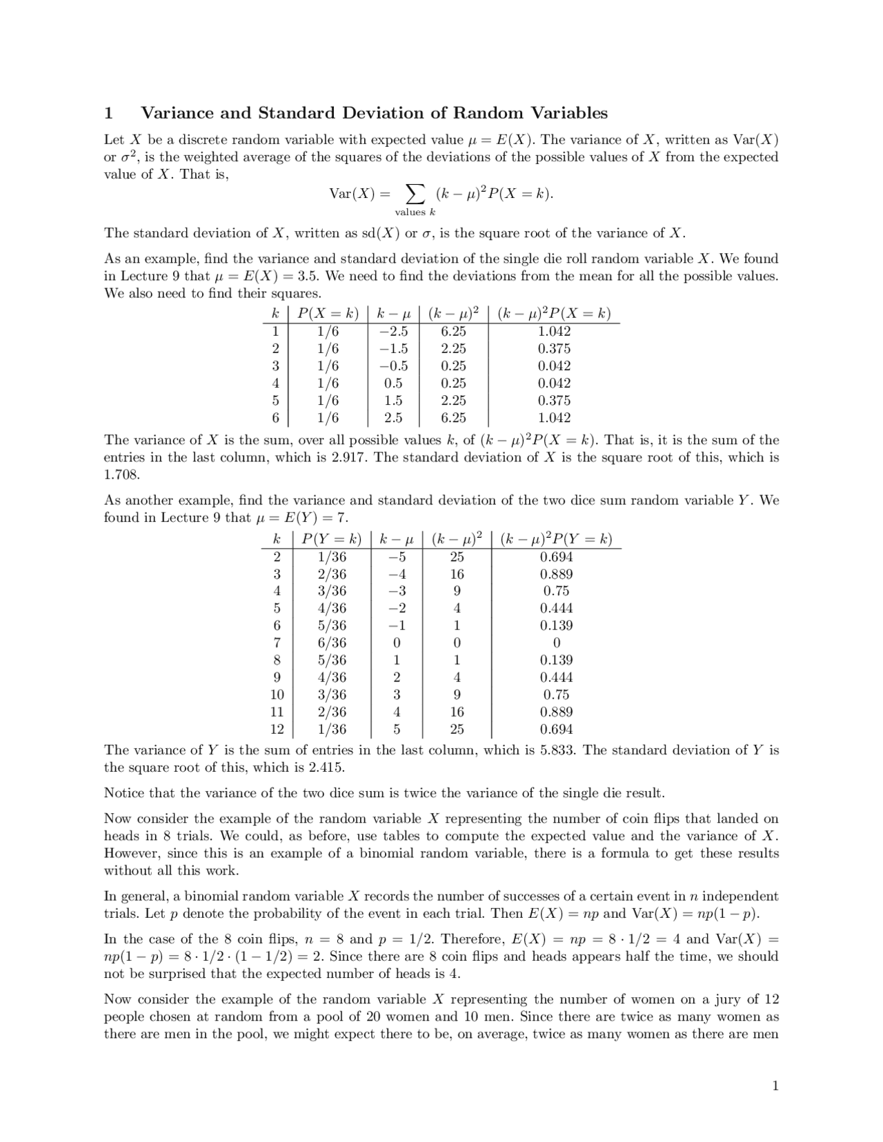1 Variance and Standard Deviation of Random Variables | Exercises Calculus | Docsity