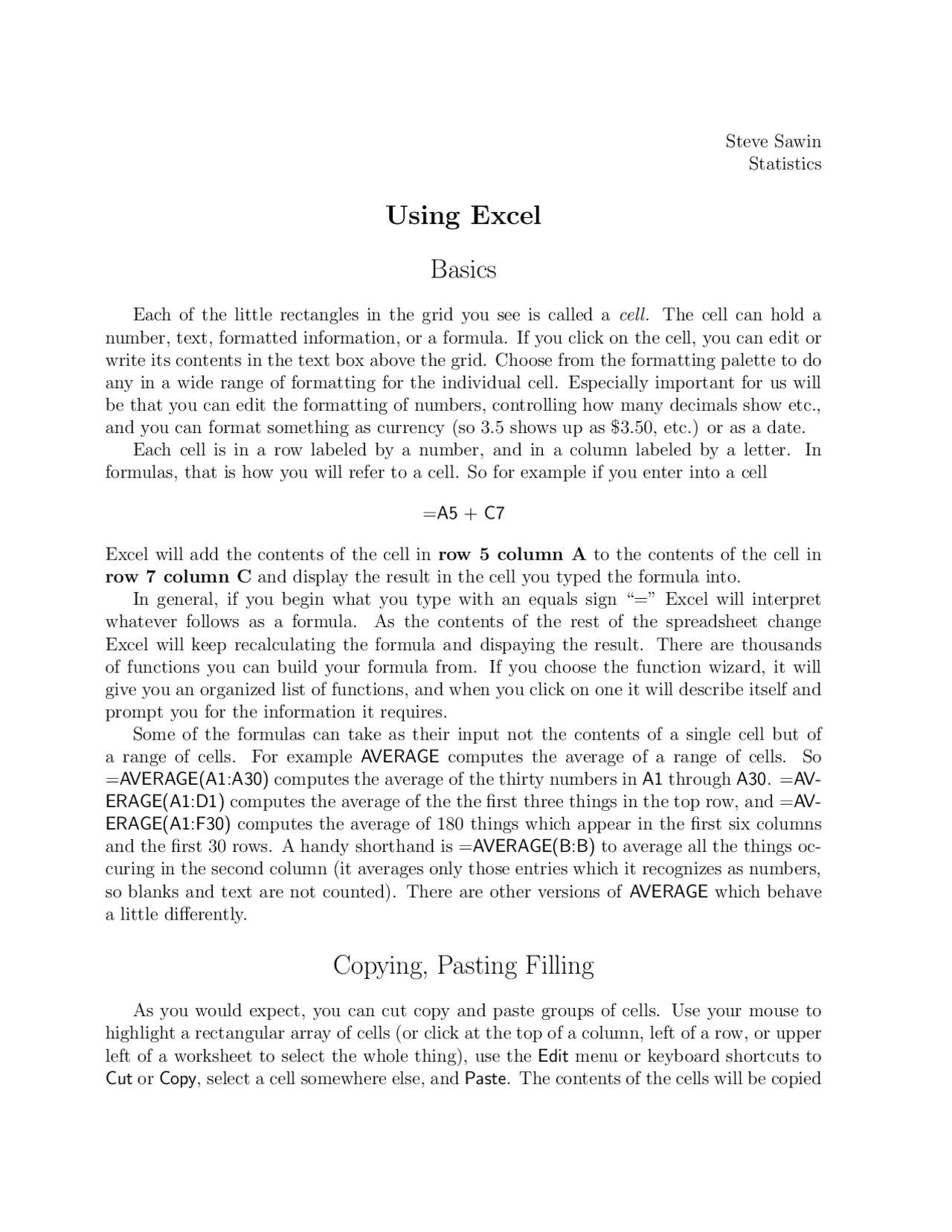 Using Excel Basics Copying Pasting Filling Lecture Notes Statistics