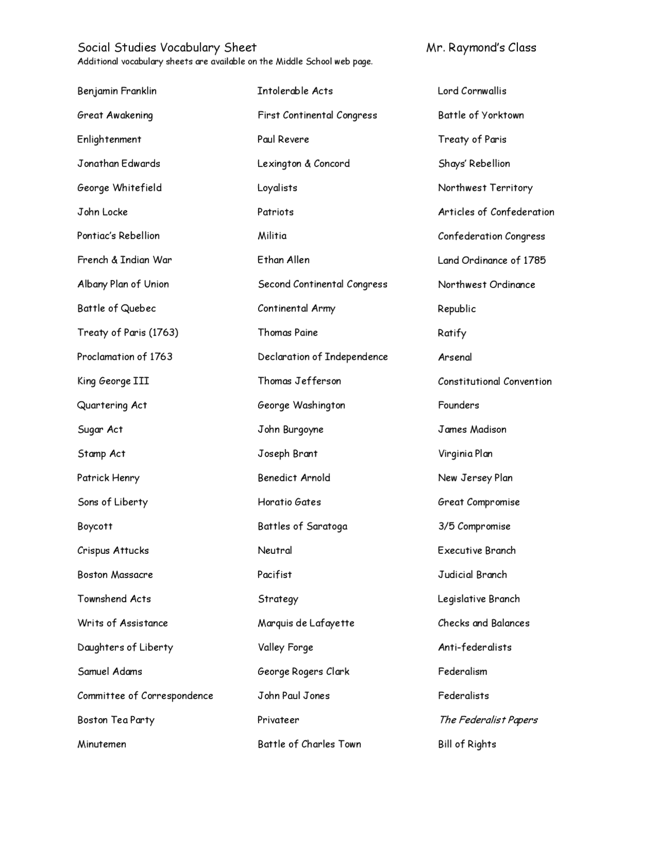 Social Studies Vocabulary Sheet Mr. Raymond's Class | Study notes ...