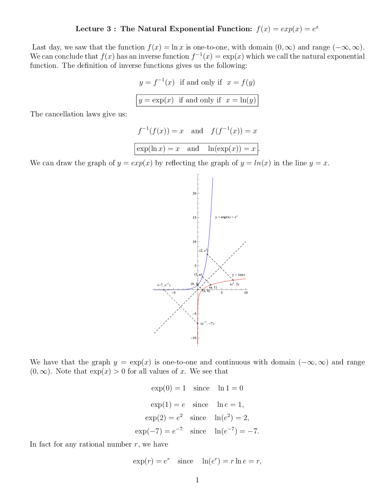 Lecture 3 : The Natural Exponential Function: f(x) = exp(x) = ex | Exams Calculus | Docsity