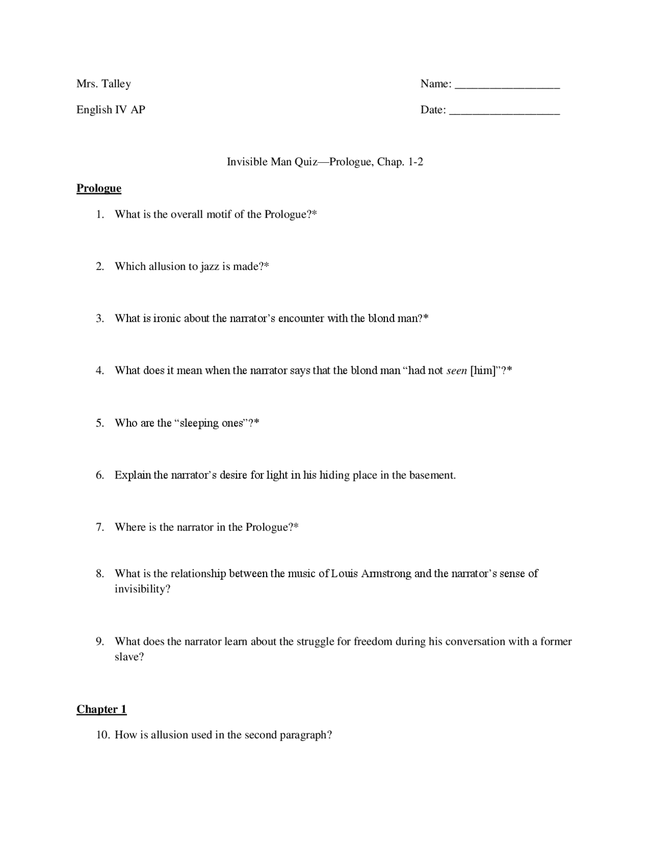 Invisible Man Quiz—Prologue, Chap. 1-2 Prologue | Summaries English ...