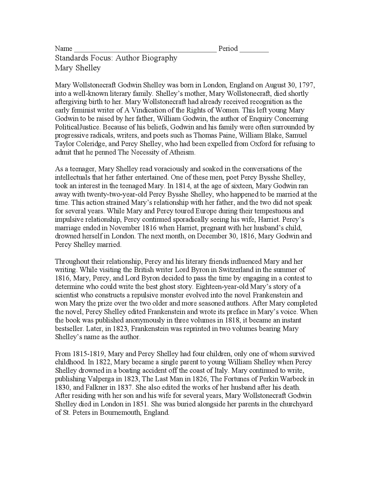 Standards Focus: Author Biography Mary Shelley | Study notes Voice ...