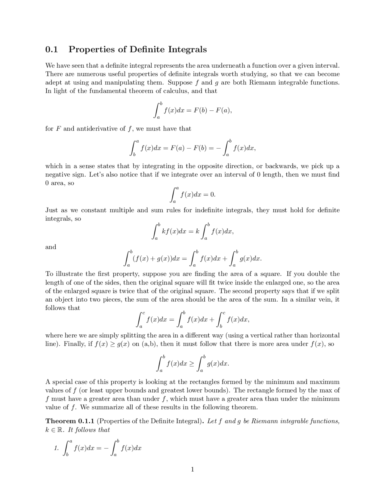 0.1 Properties of Definite Integrals | Exams Calculus | Docsity
