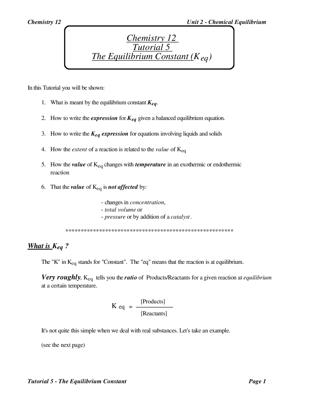 Chemistry 12 Tutorial 5 The Equilibrium Constant (K ) | Exercises ...