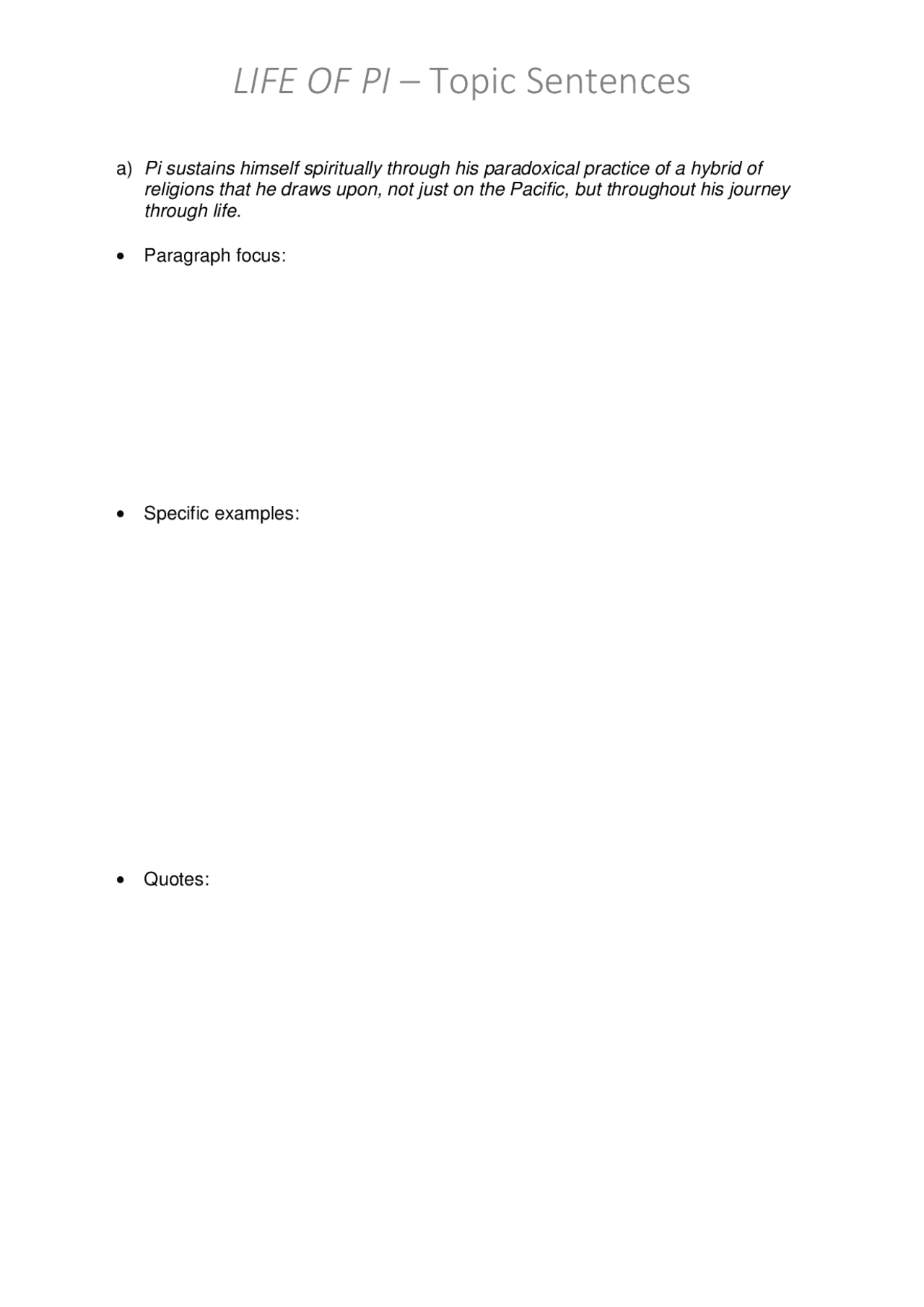 Life Of Pi Topic Sentences Summaries Storytelling Docsity