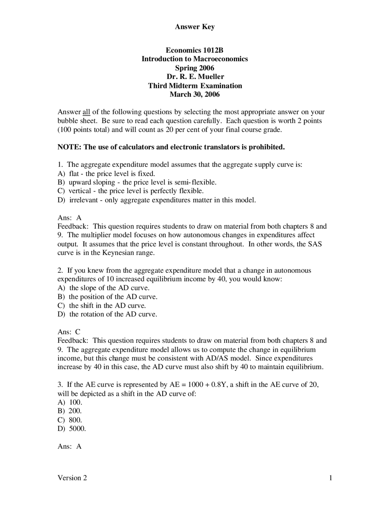 Answer Key Version 2 1 Economics 1012B Introduction to ... | Study ...