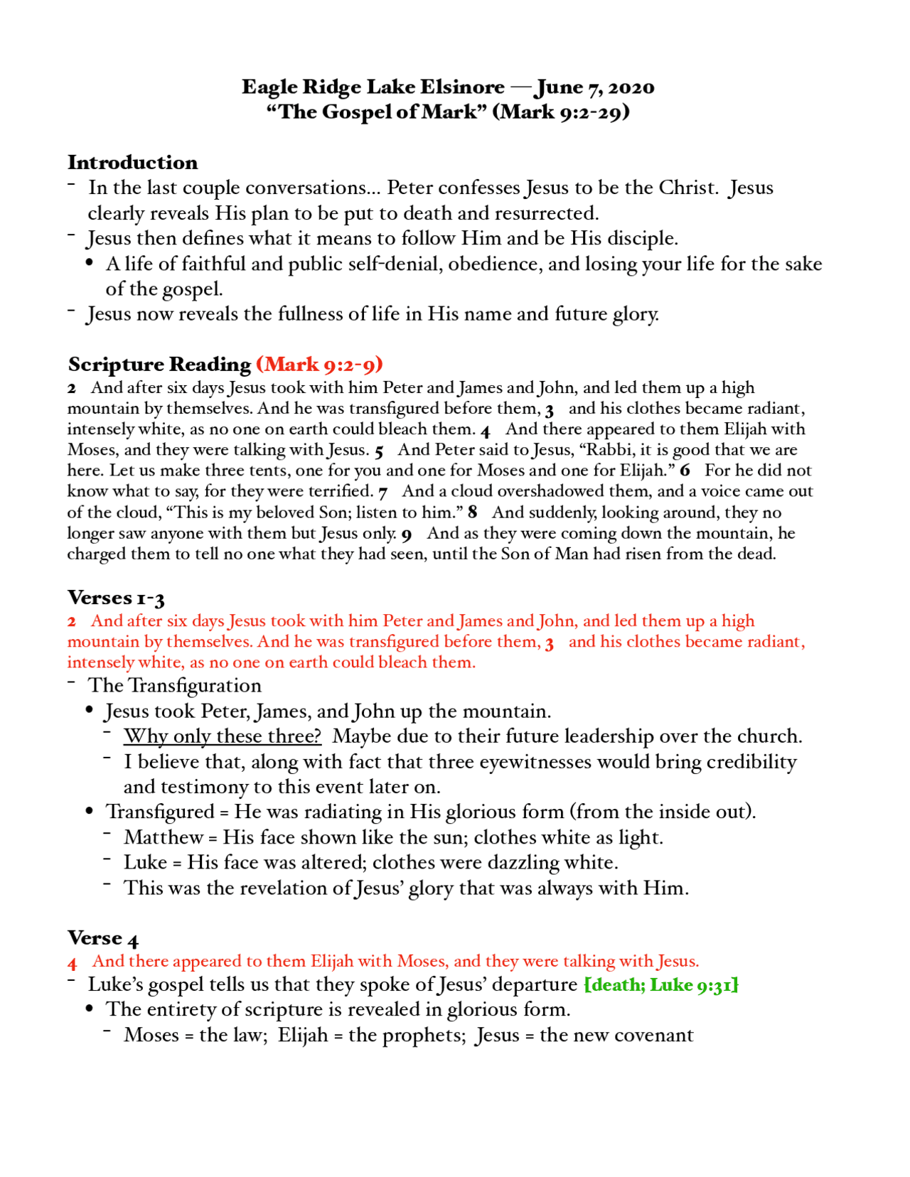 The Gospel of Mark (Chapter 9; part 1) | Exams Voice | Docsity