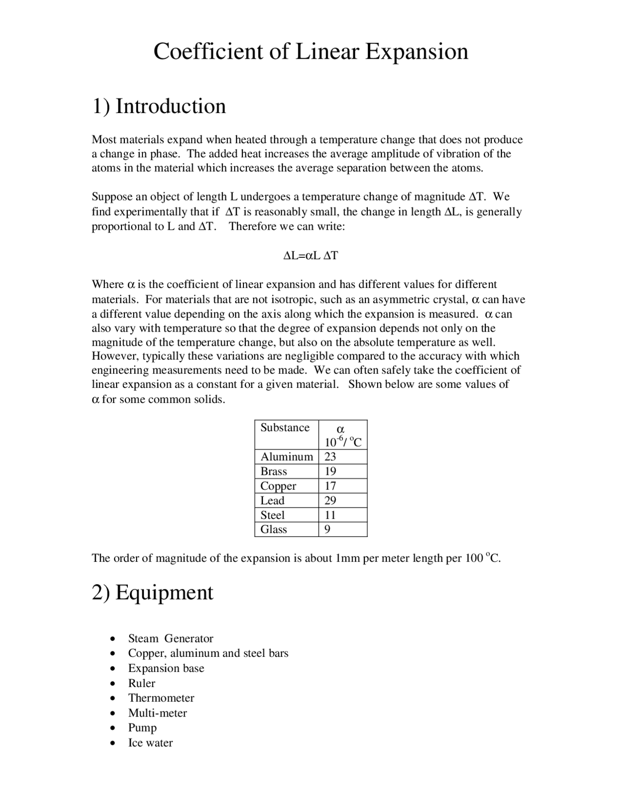 Coefficient Of Linear Expansion Exercises Physics Docsity