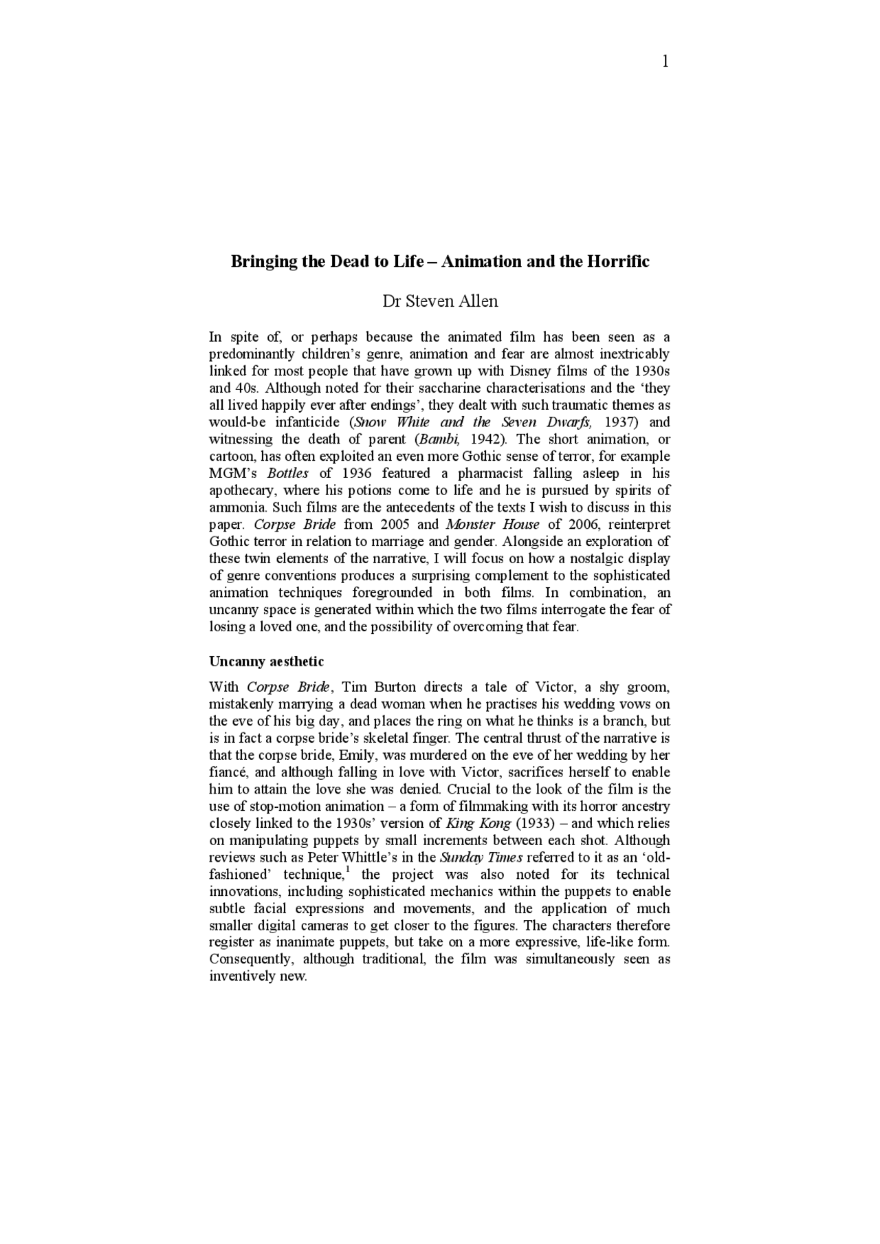 1 Bringing The Dead To Life Animation And The Horrific Dr Lecture Notes Technology Docsity