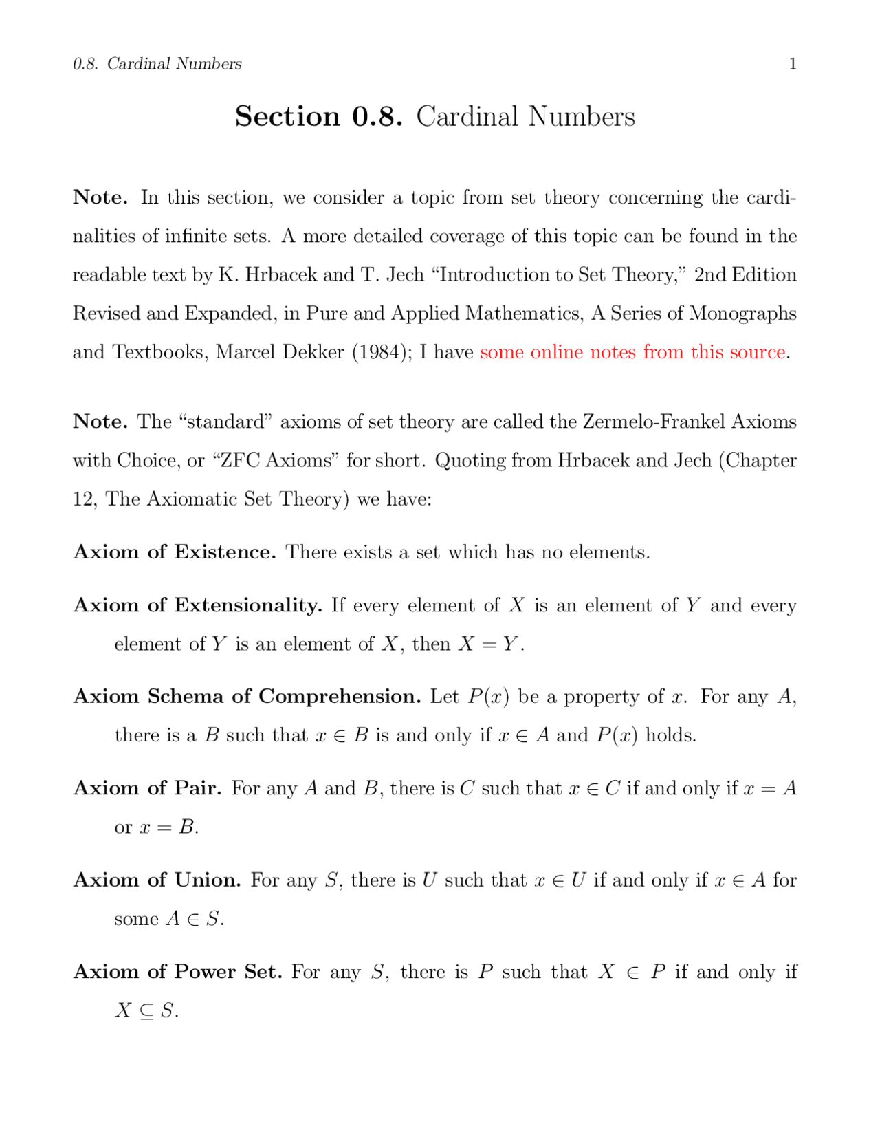 Section 0.8. Cardinal Numbers | Study notes Mathematics | Docsity