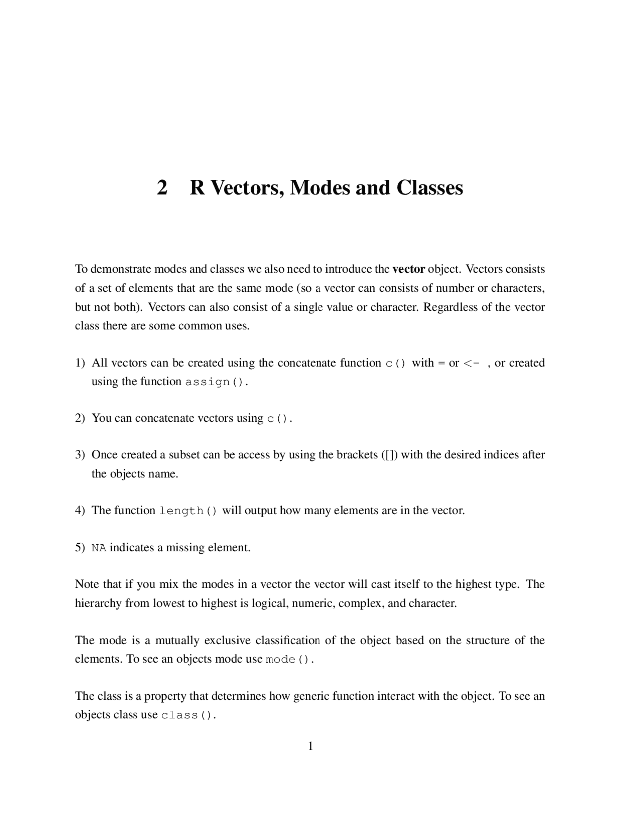 2 R Vectors, Modes and Classes | Summaries Mathematics | Docsity