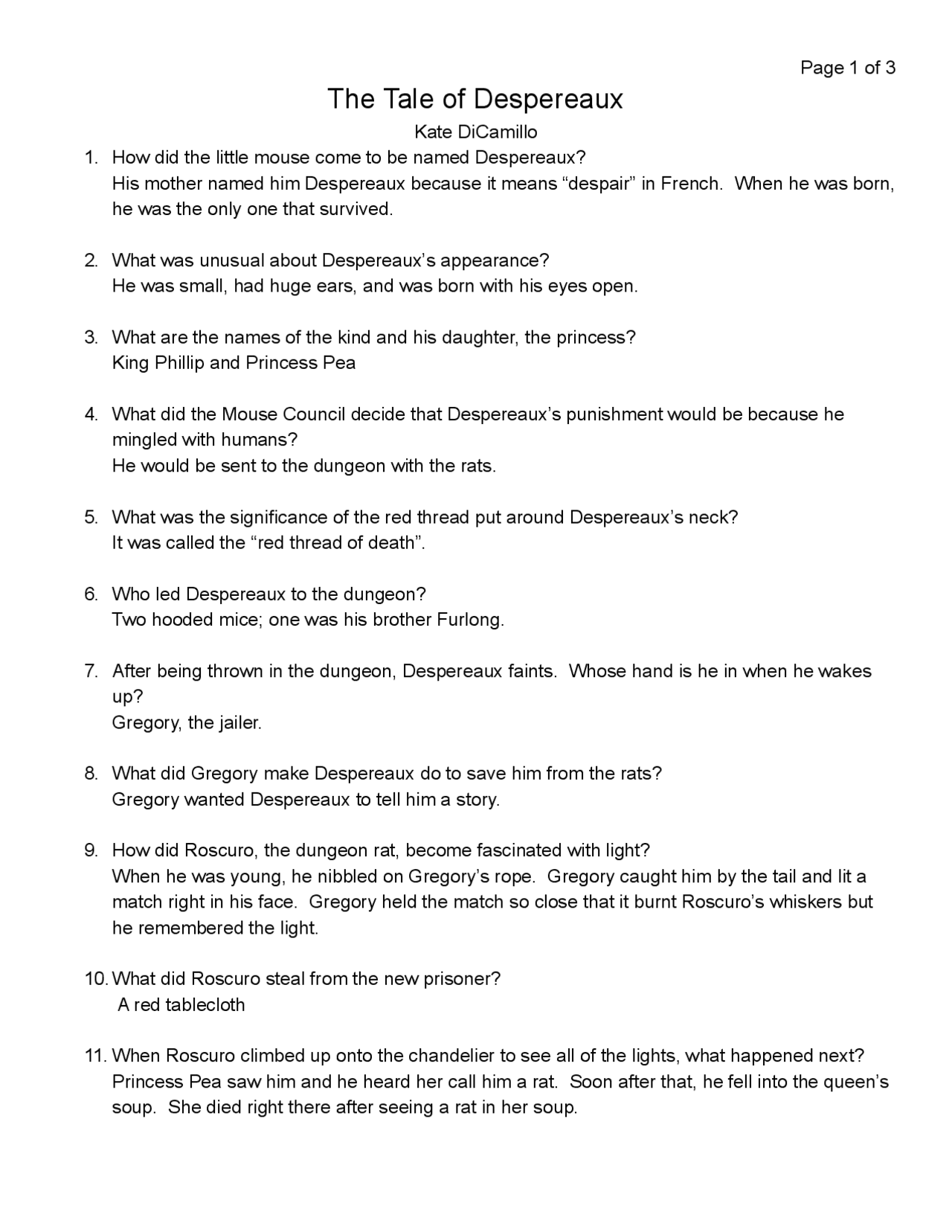 Tale of Despereaux | Exercises French | Docsity