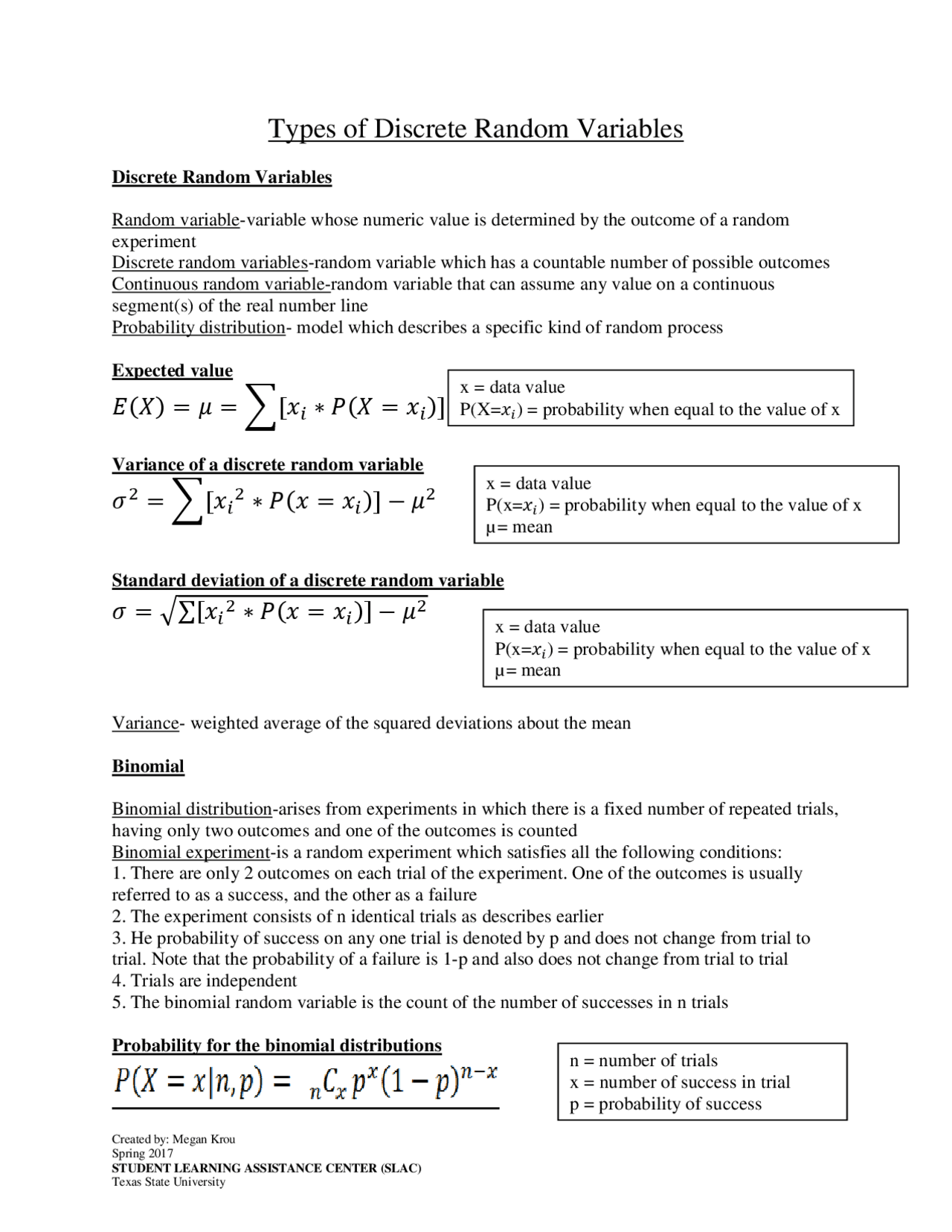 Types Of Discrete Random Variables Summaries Discrete Mathematics Docsity