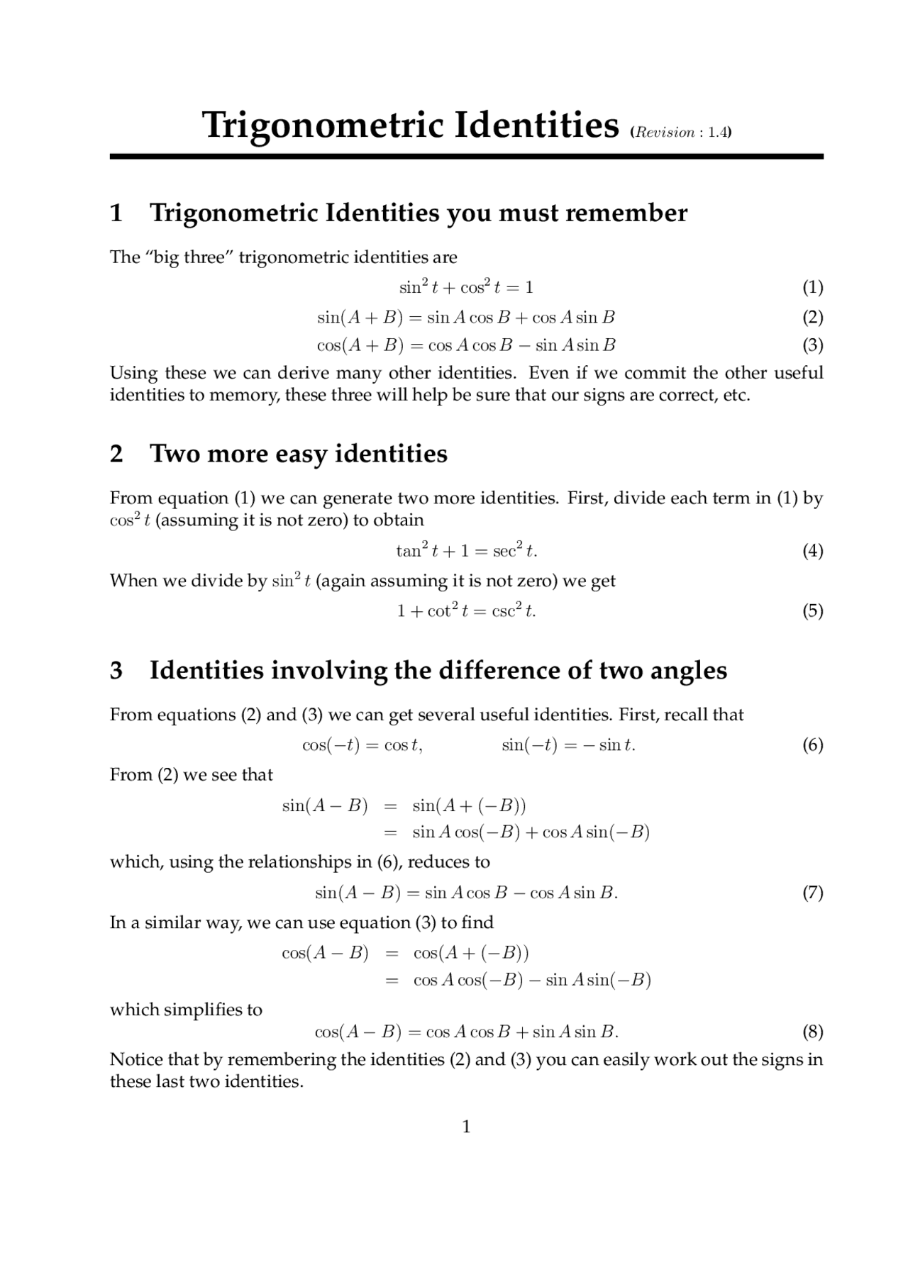 Trigonometric Identities (Revision : 1.4 | Study notes Trigonometry ...