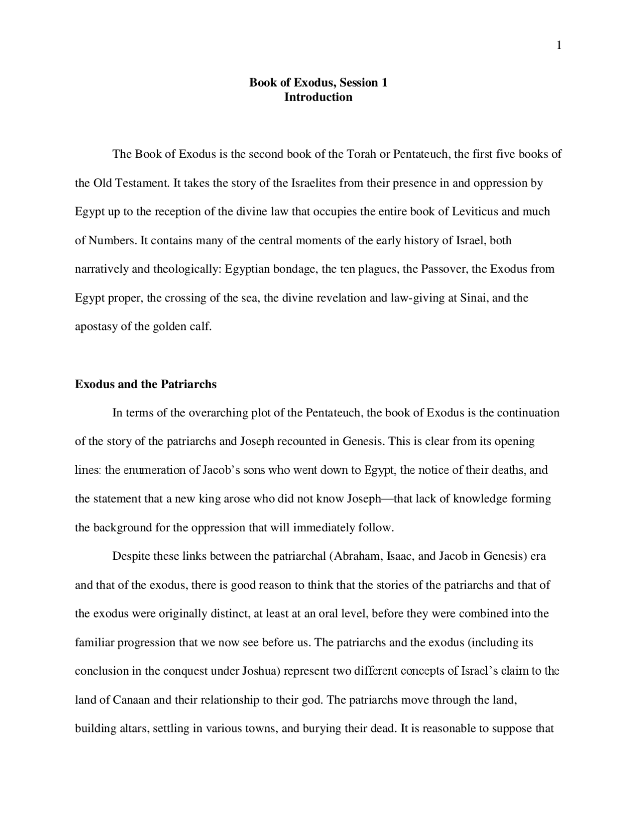 1 Book of Exodus, Session 1 Introduction | Lecture notes Law | Docsity